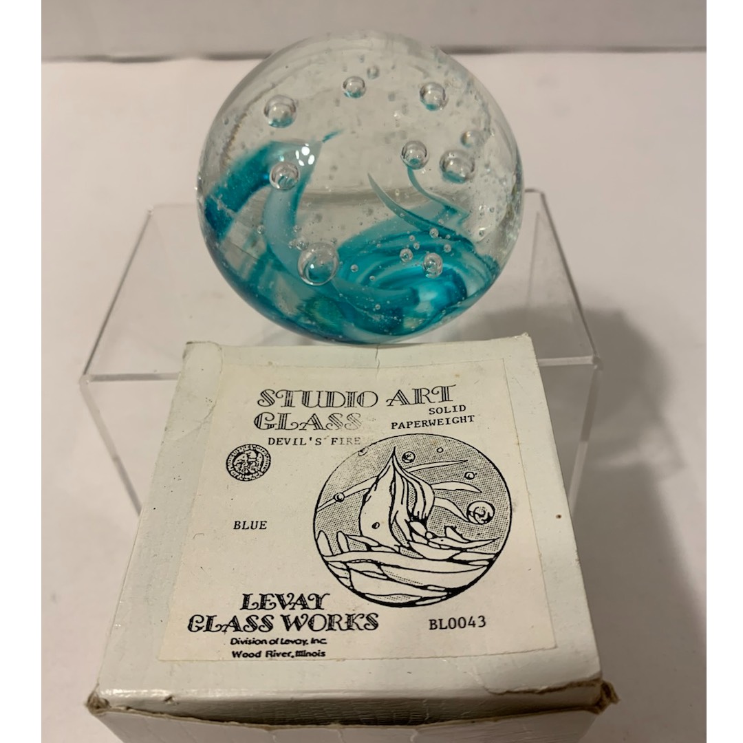 Levay Blue Devil’s Fire Swirl Paperweight RARE in Box