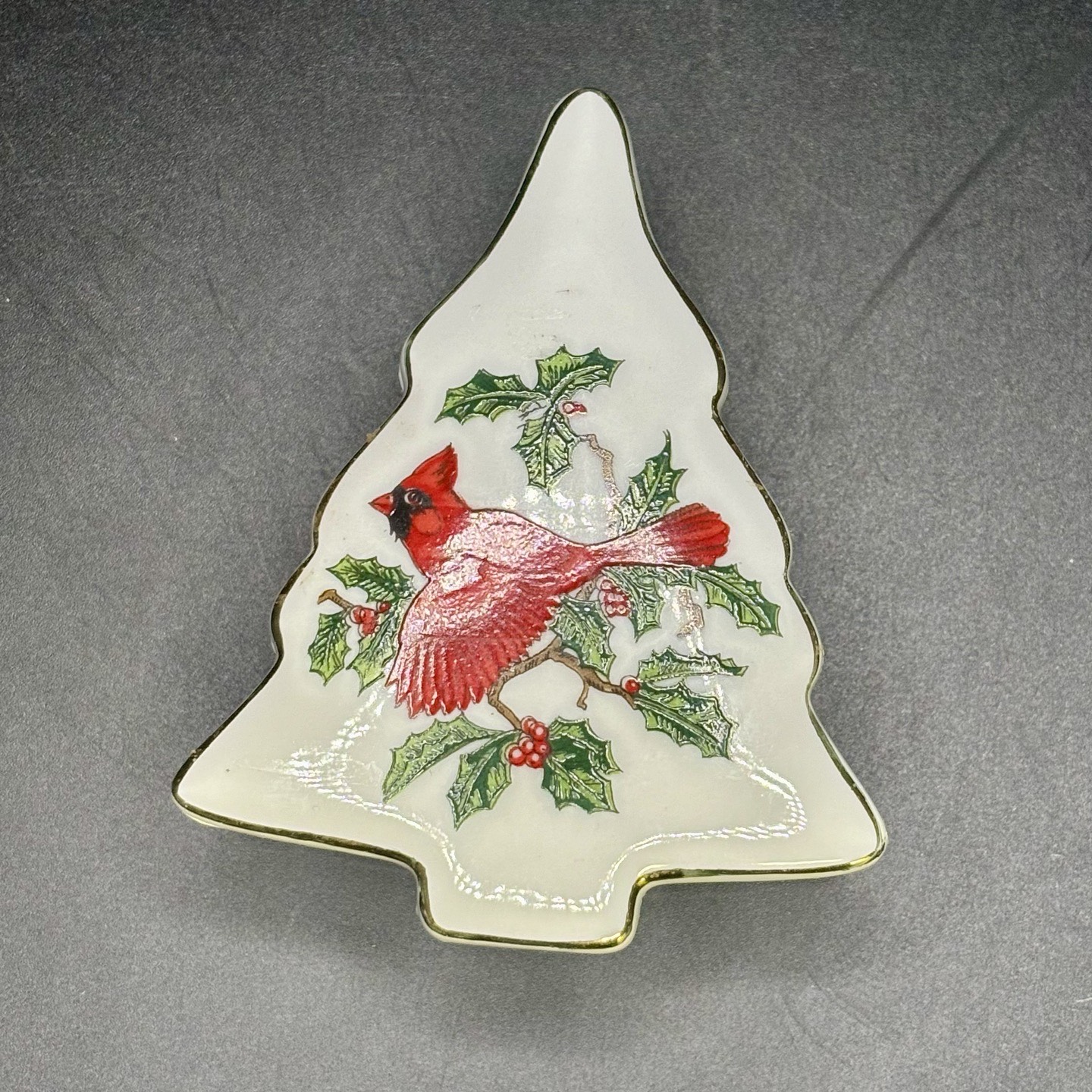 Cardinal & Holly Christmas Tree Trinket Box Japan 3.5”