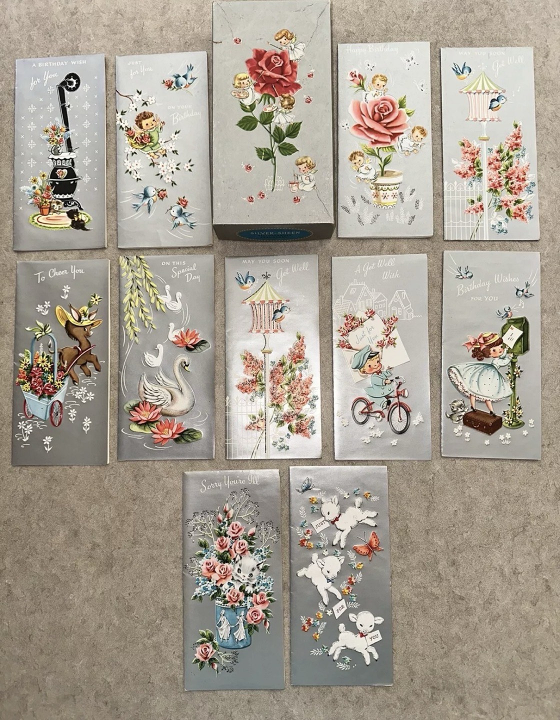 Vintage Silver Sheen All Occasion 11 Greeting Cards Tall & Thin No ...