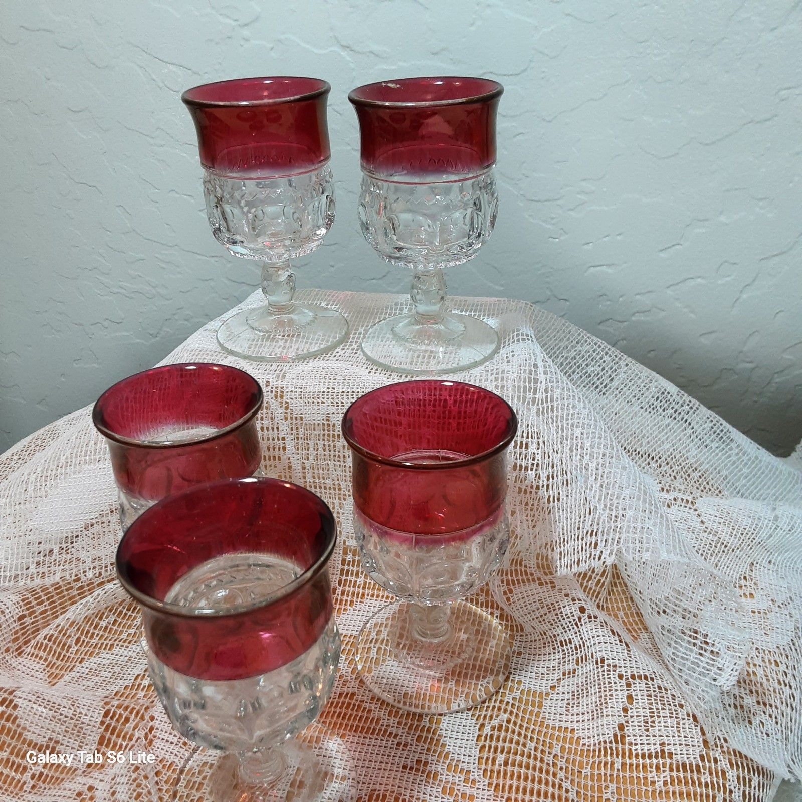 4 Set of Ruby Red Thumbprint Cordial Glasses ~Vintage~ 1 Free