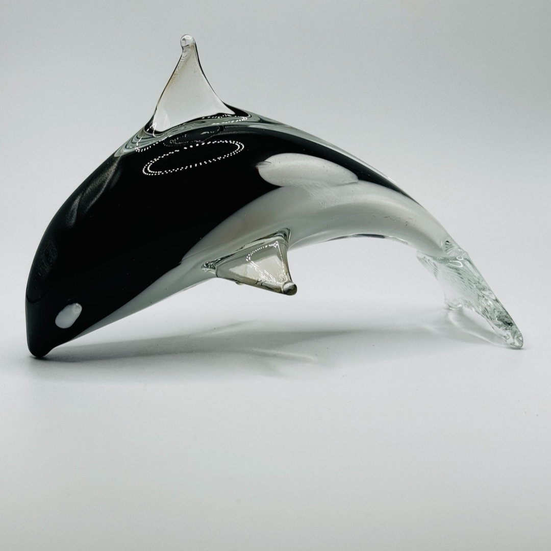 Art Glass Orca Whale Figurine Black White Clear