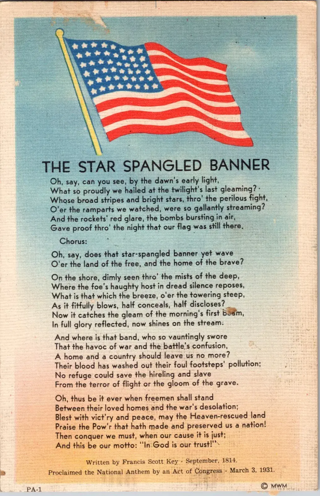 Postcard The Star Spangled Banner American National Anthem American ...