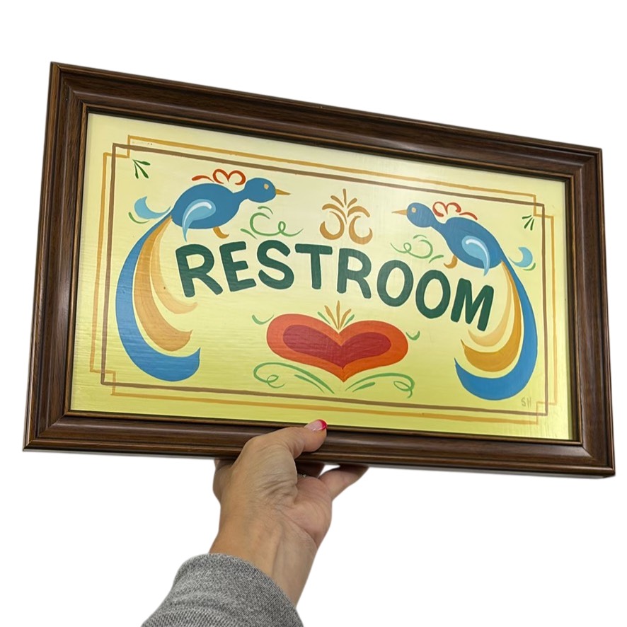 Double Sided Kitsch Hand Painted Restroom Sign 15x9.5