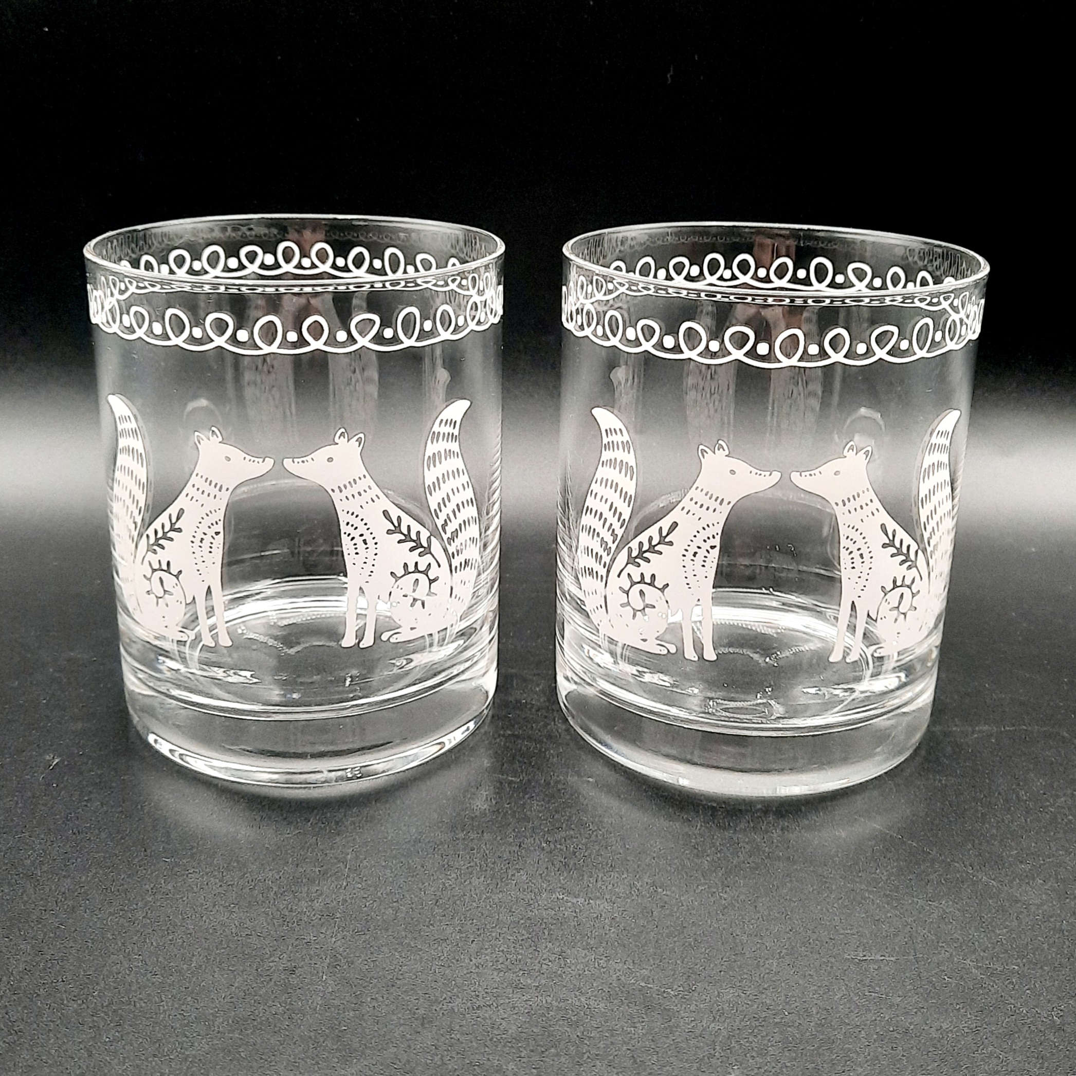 Decorated Cocktail Glasses White Designed Facing Foxes Set of 2