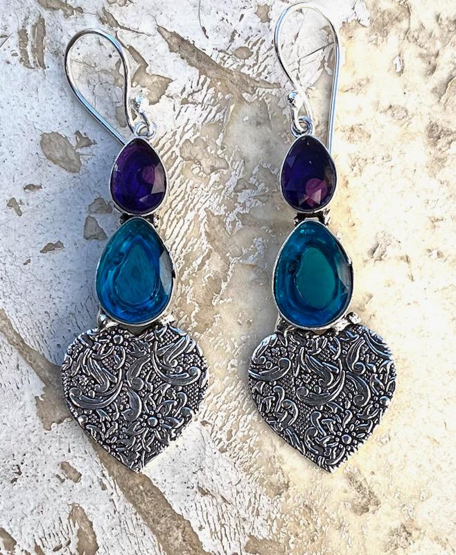 Indicolite Tourmaline & Purple Amethyst 925 Sterling Silver Earrings