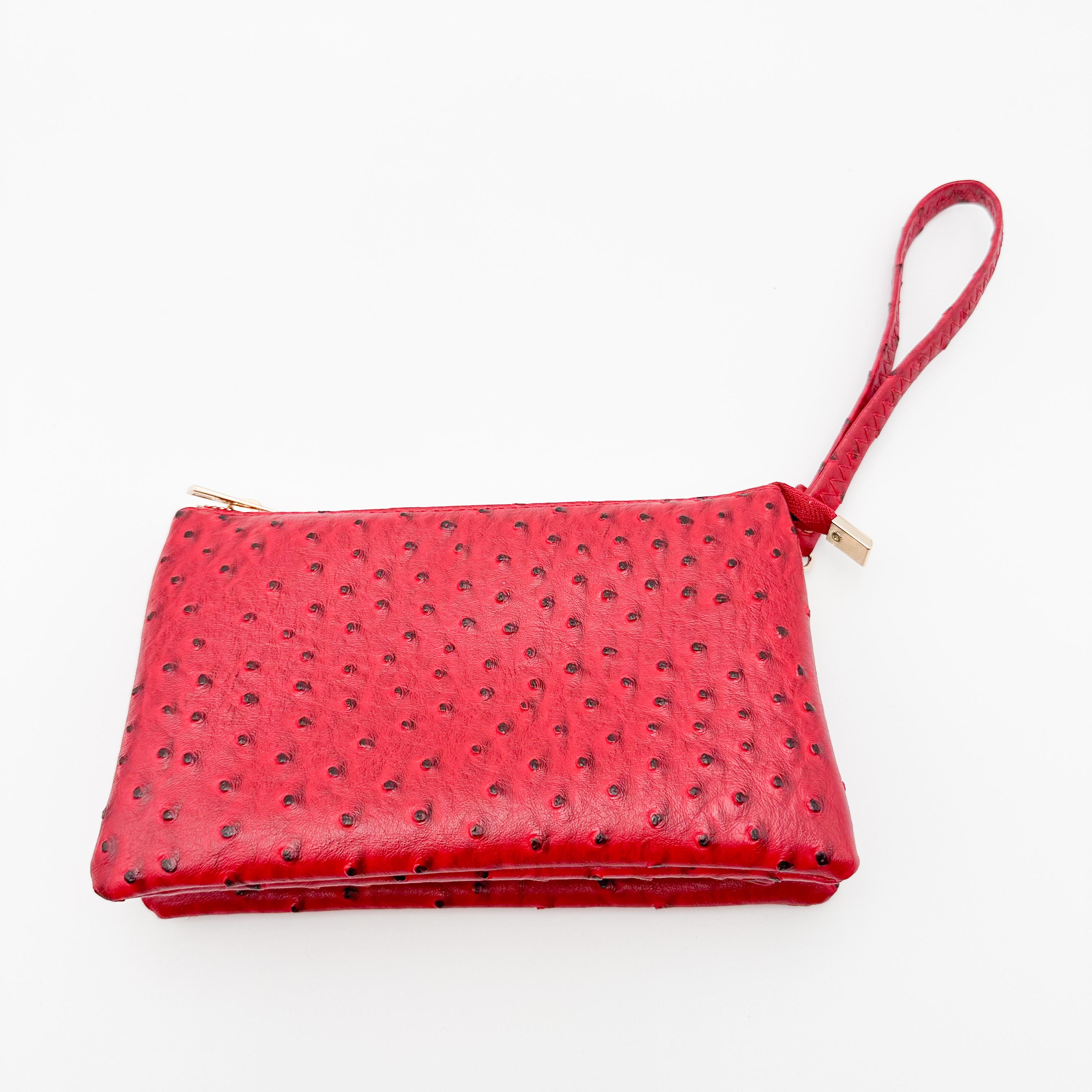 Red Faux Leather Ostrich Wristlet Wallet B25