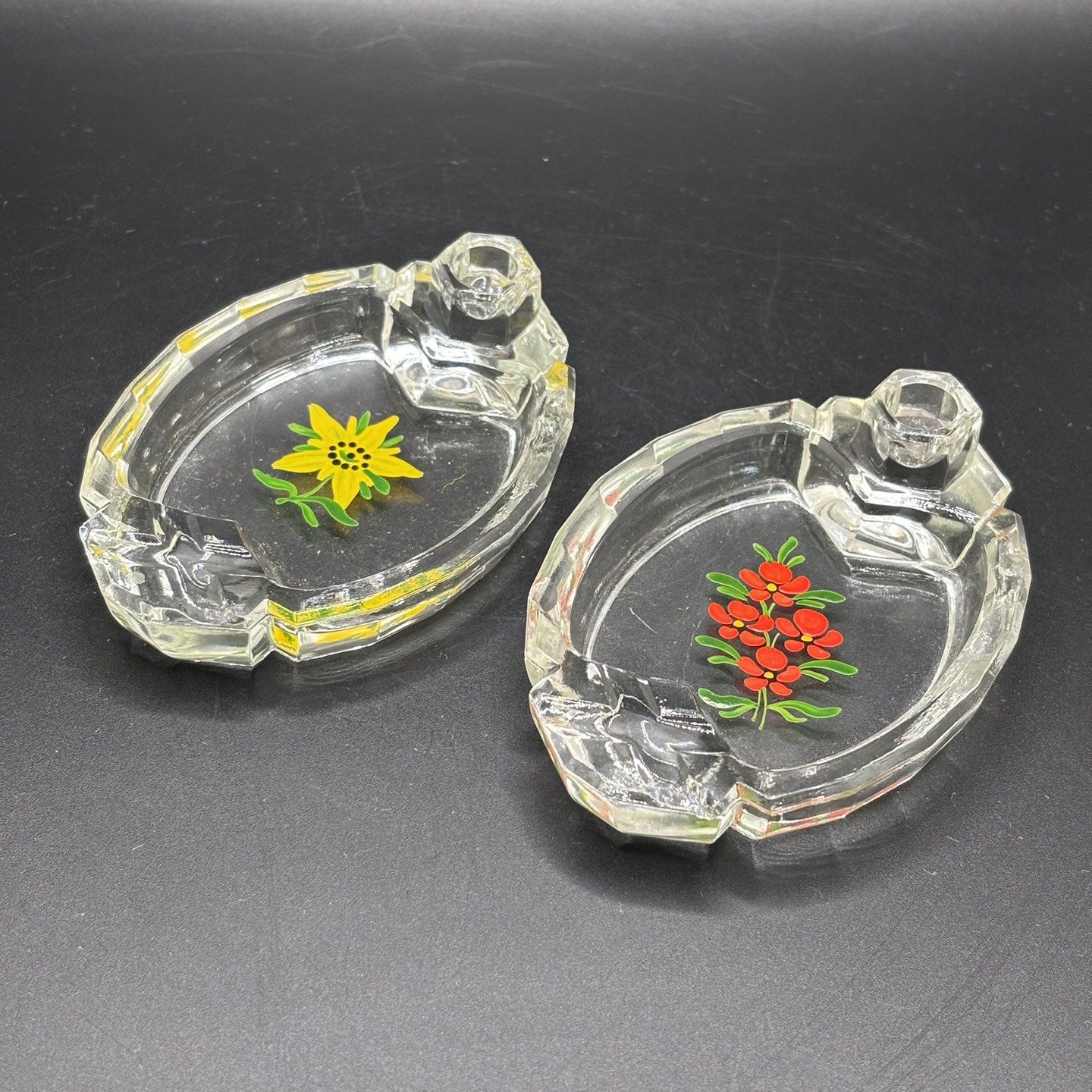 Pair of Clear Glass Small Ashtrays With Flower Motifs