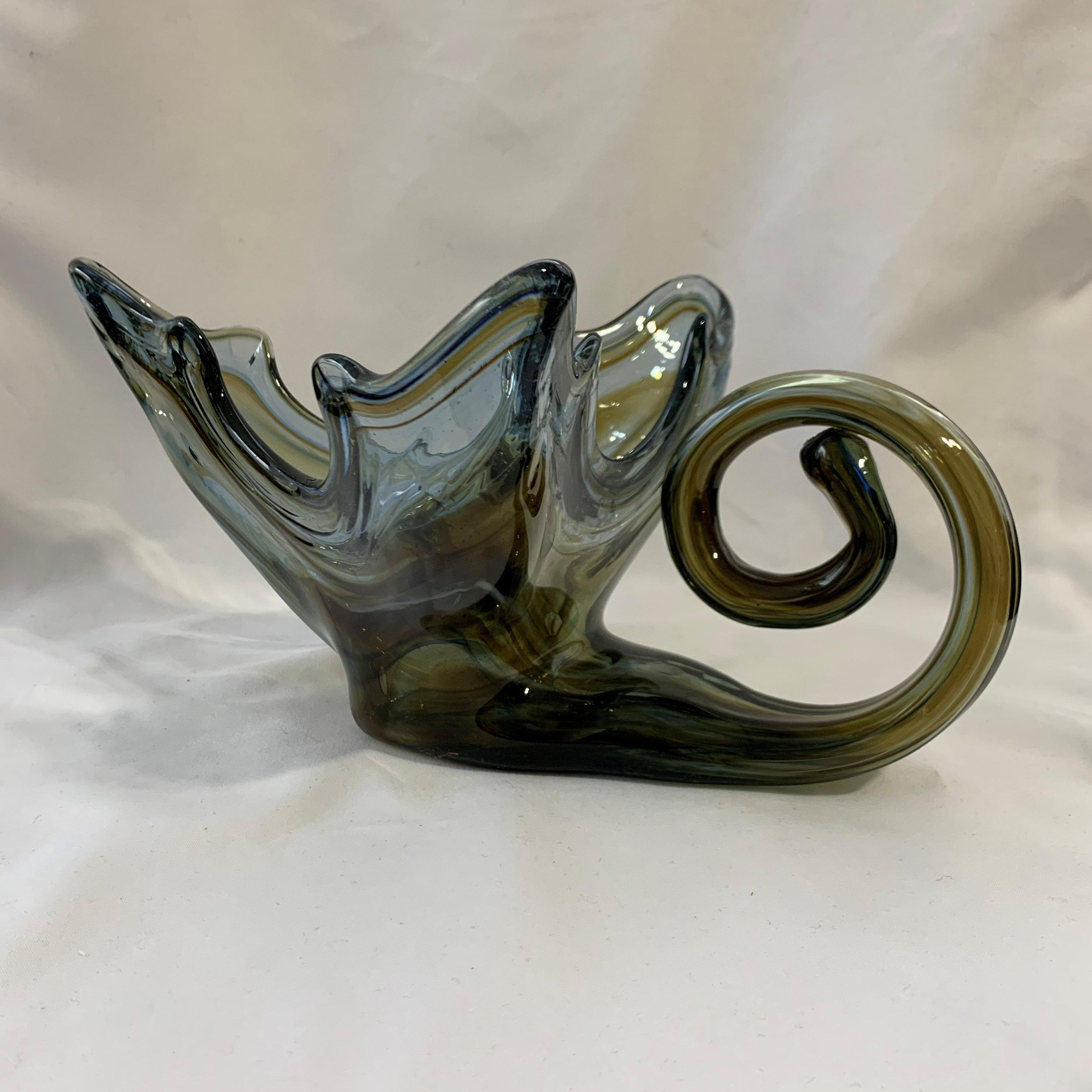 Sooner Art Glass Green Bowl Swirl Cornucopia Coil Dish Hand Blown Snail ...