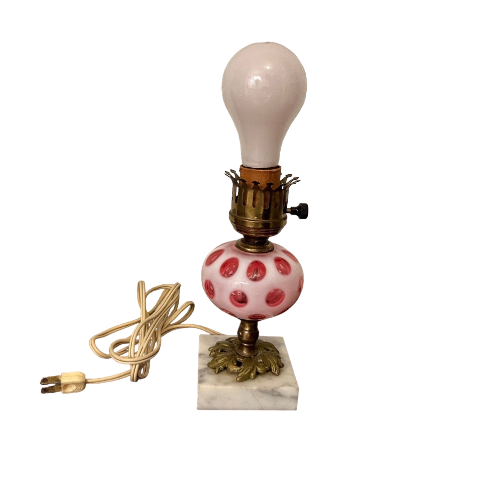 Vintage Fenton Coin Dot Cranberry Glass Opalescent Lamp Marble Base