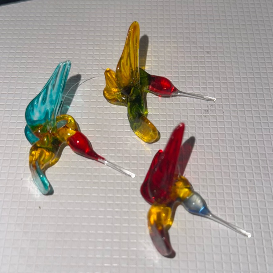 3 Handblown Glass Hummingbird Hanging Ornament Figurines Multicolor