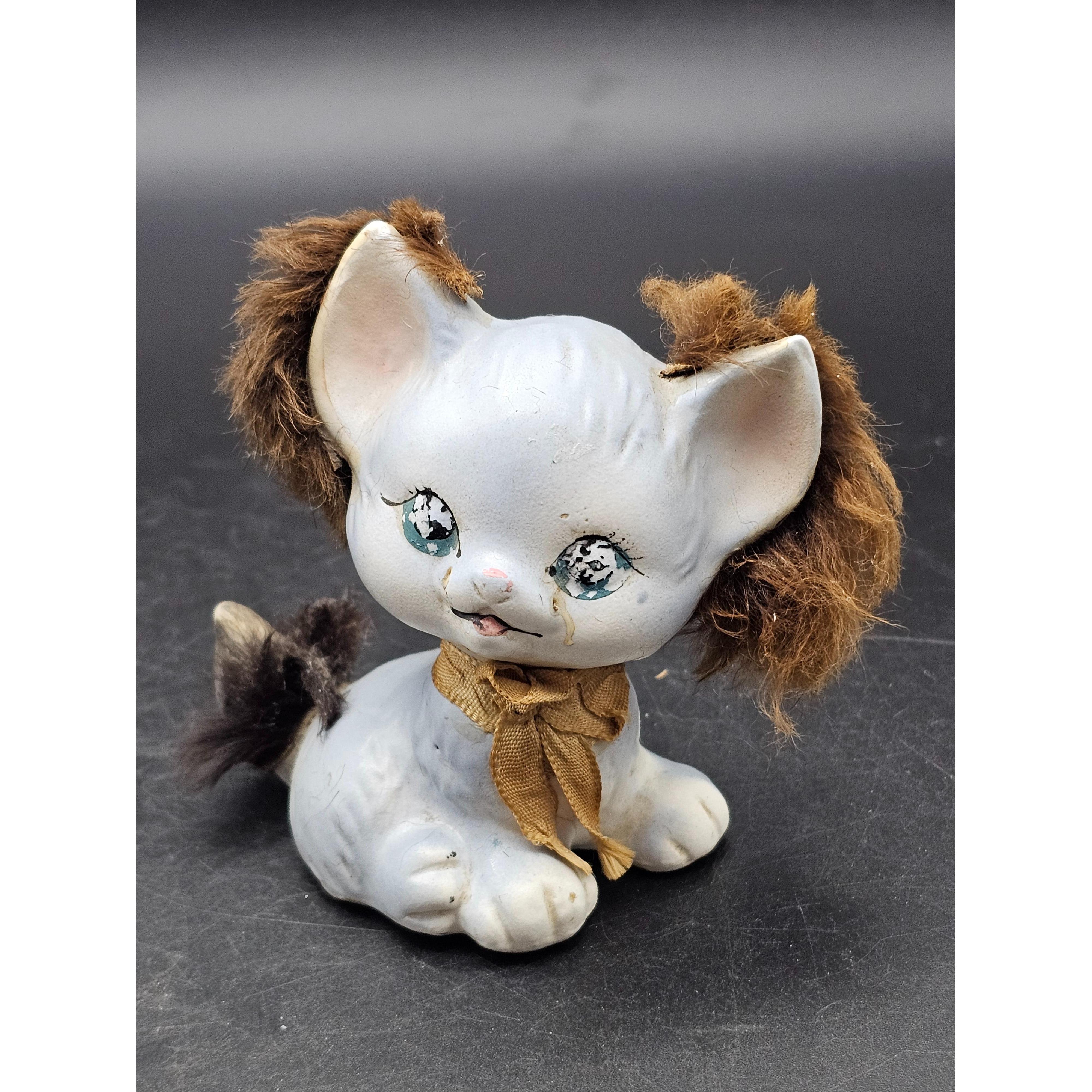 Vtg Enesco Cat Kitten Figurine With Fur Japan 1950s