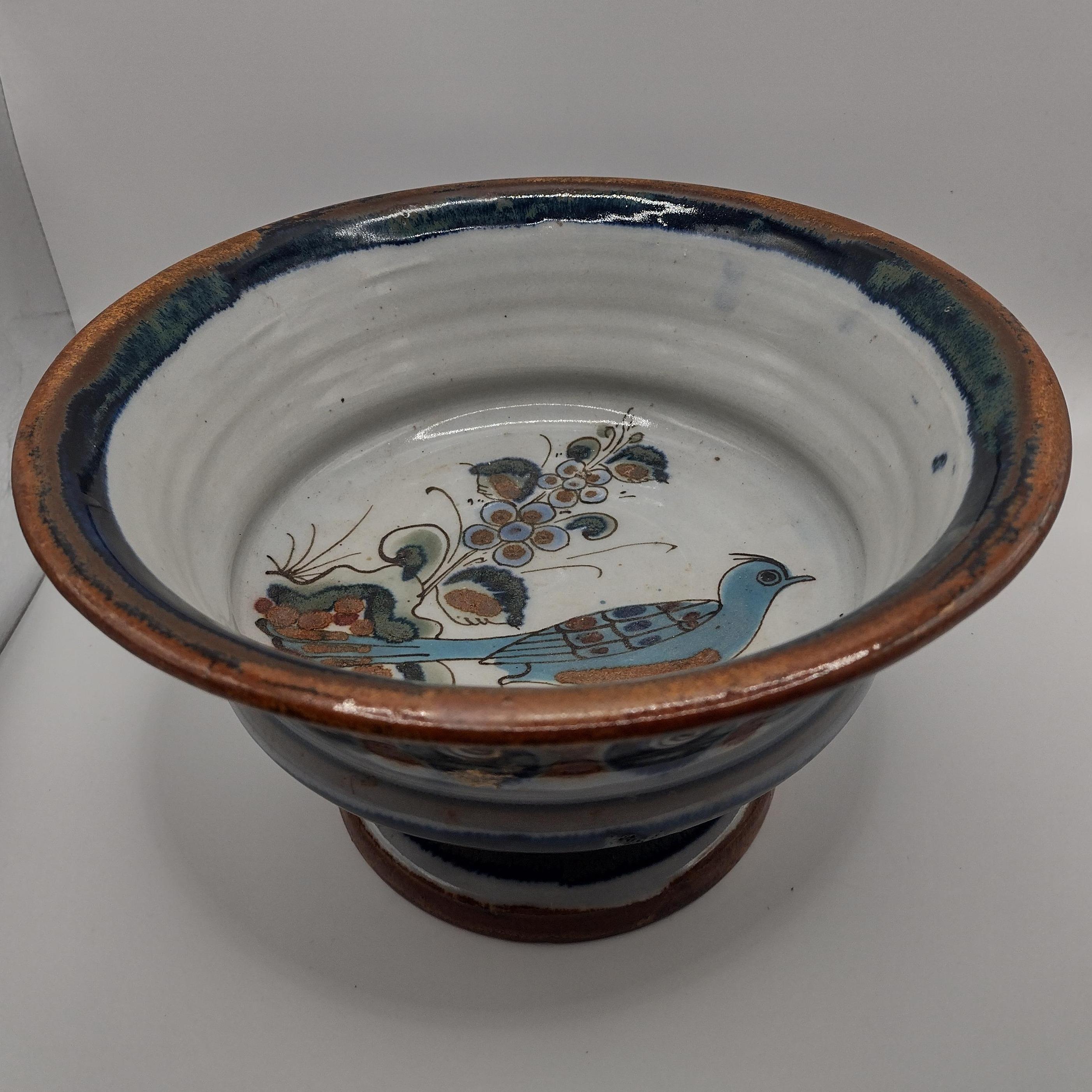 Ken Edwards Tonala Footed Pedestal Bowl with Blue Bird and Floral Design 9"