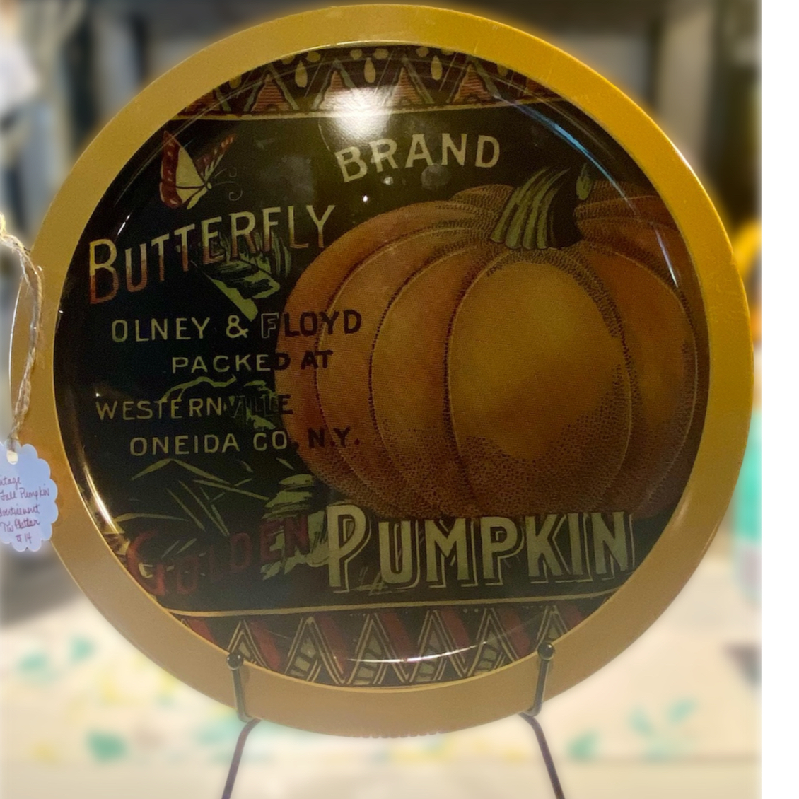 421. Vintage Metal Tray With Golden Pumpkin Brand Advertisement