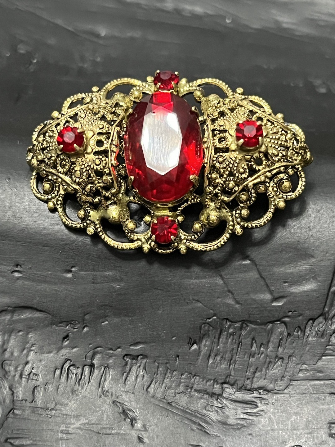 Vintage Ruby Red Czech Glass Brass Filigree Brooch