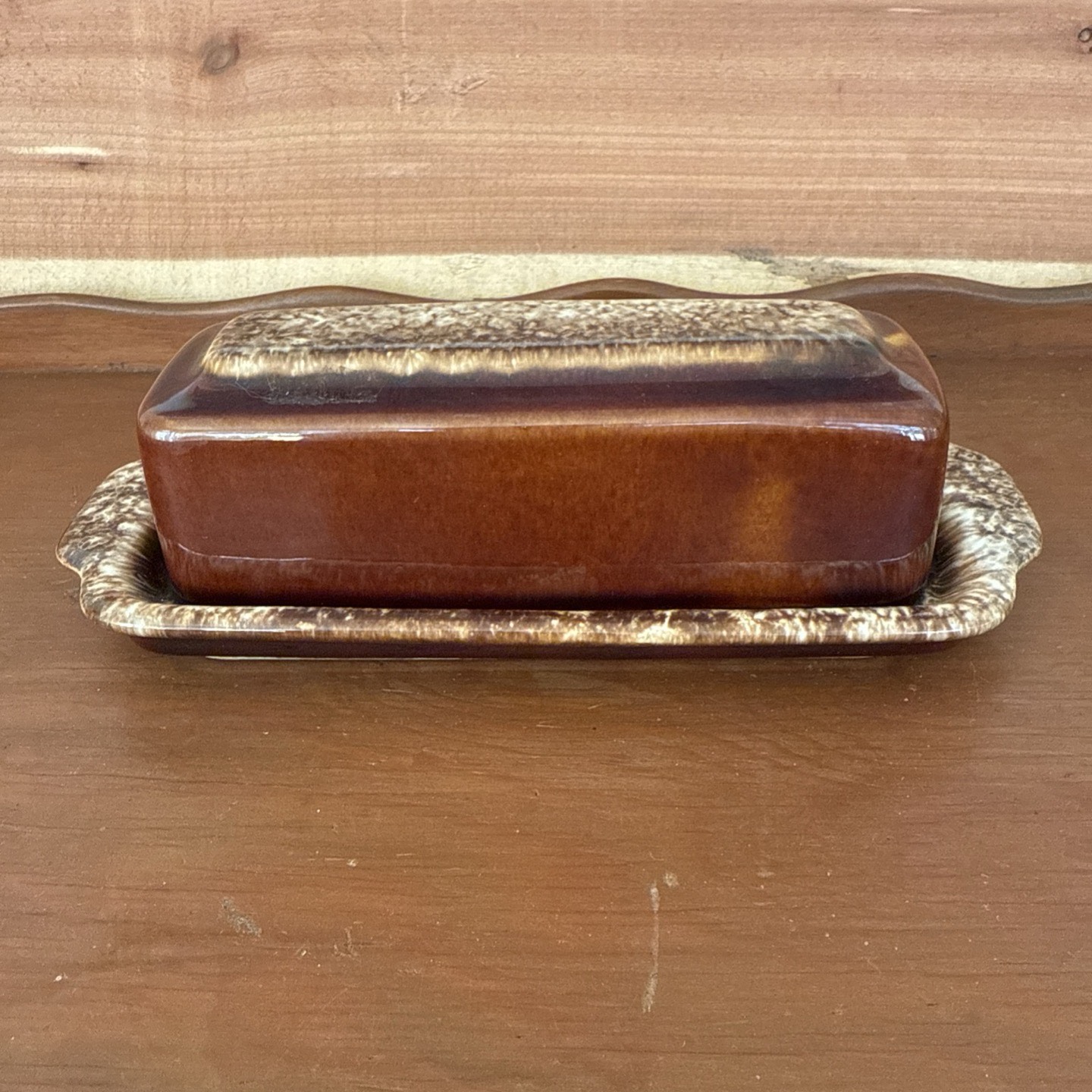 Vintage Hull Pottery Covered Butter Dish With Classic Brown Drip Glaze