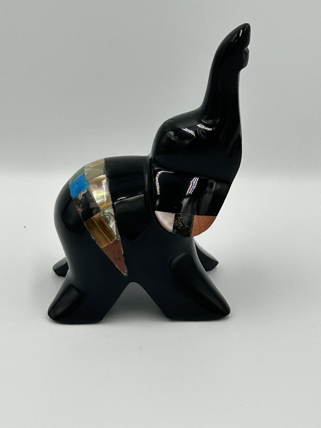 Obsidian Stone Trunk Up Elephant With Abalone Inlay Figurine