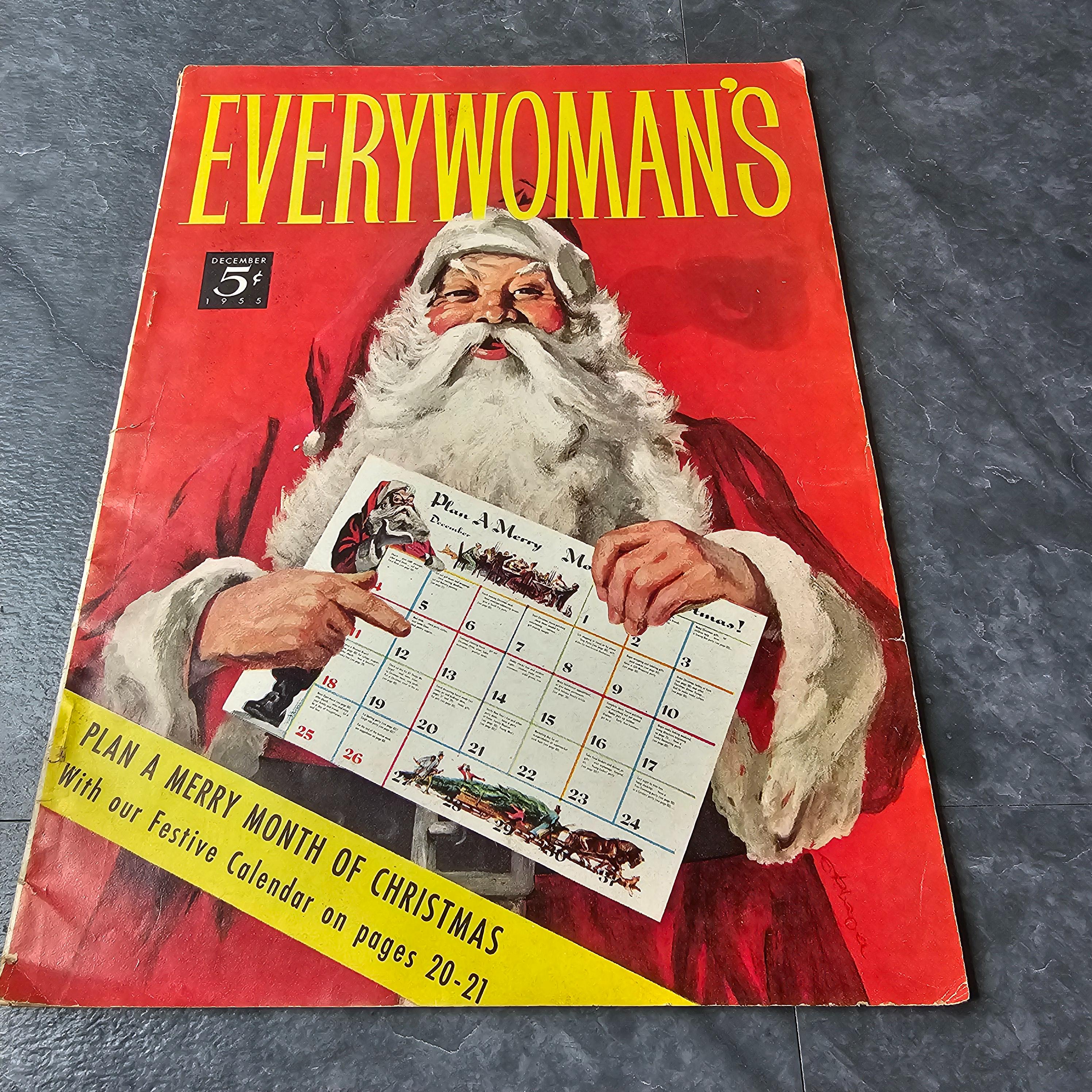 Original Christmas 1955 EVERYWOMAN'S Cover, Santa Claus Points at Calendar