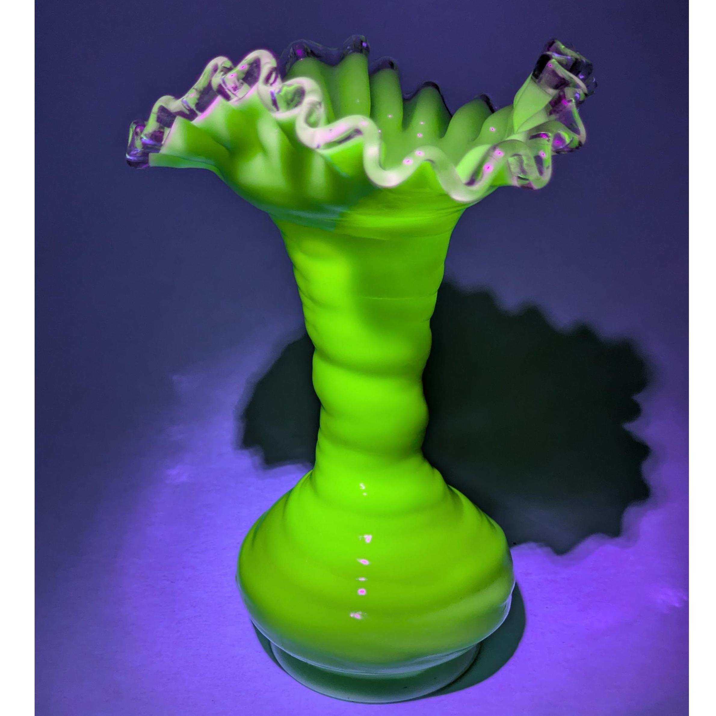 1940s Fenton Uranium Ivory Crest Tulip VASE 8" High Glow Glass Flawless
