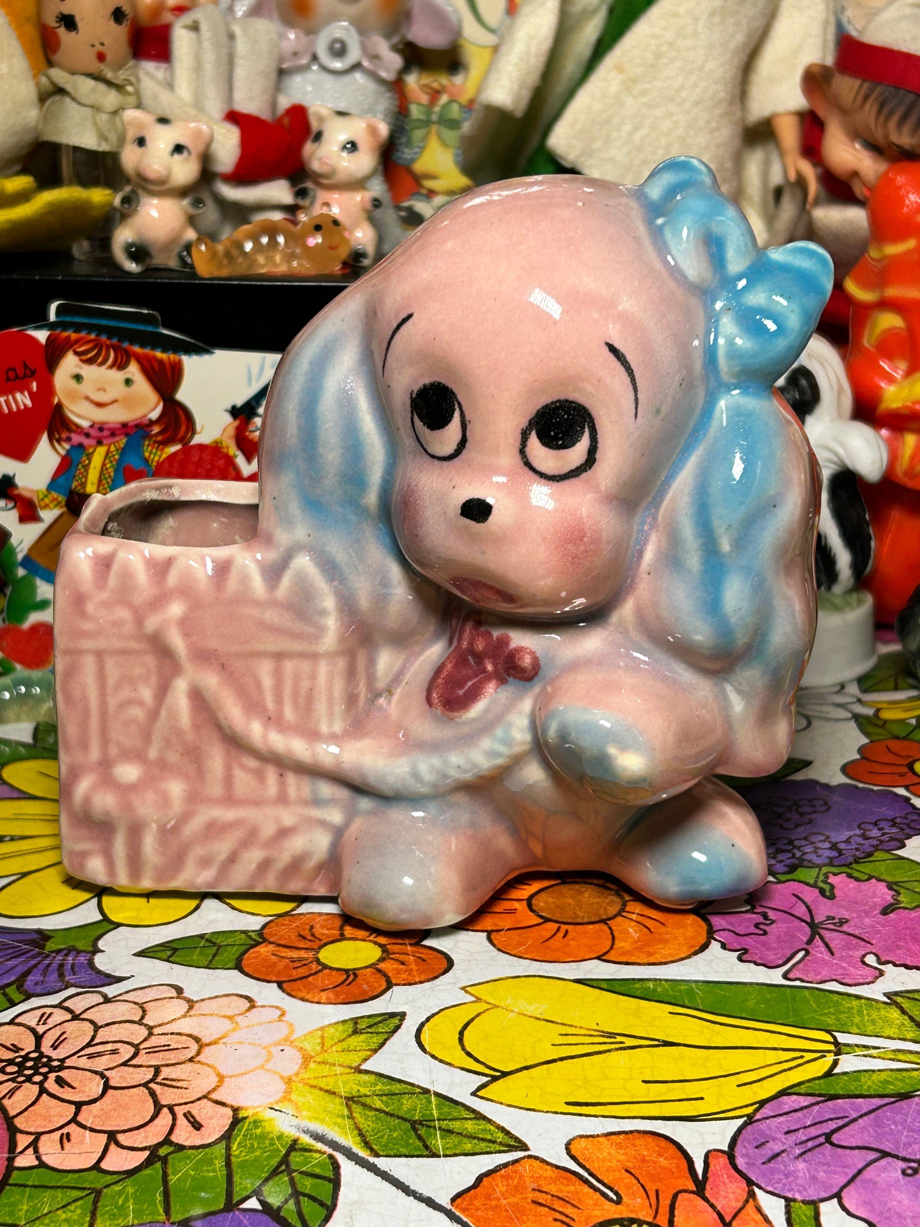 Cute Pink Pottery Dog Planter with Fence