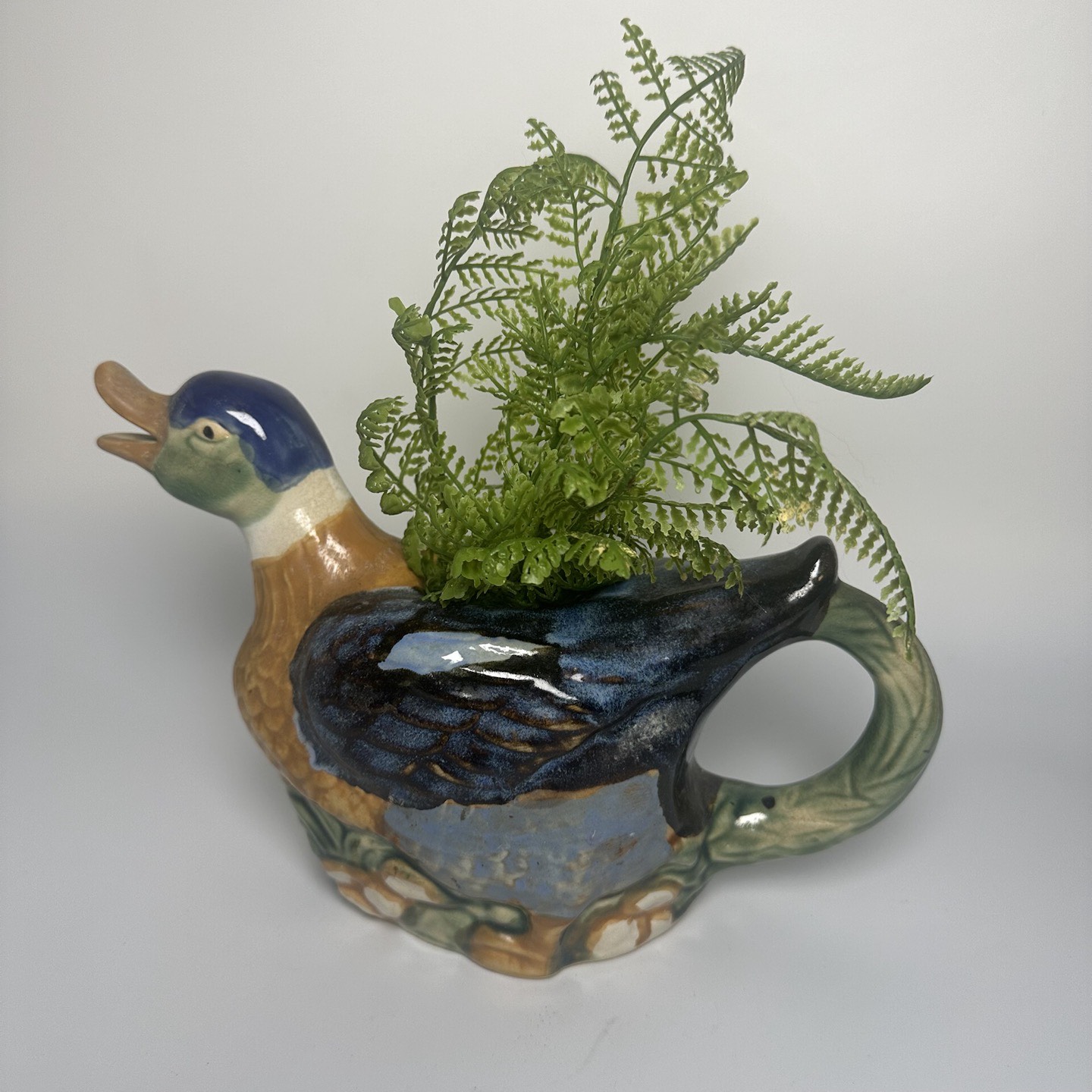 Majolica Duck Pitcher/Planter with Handle