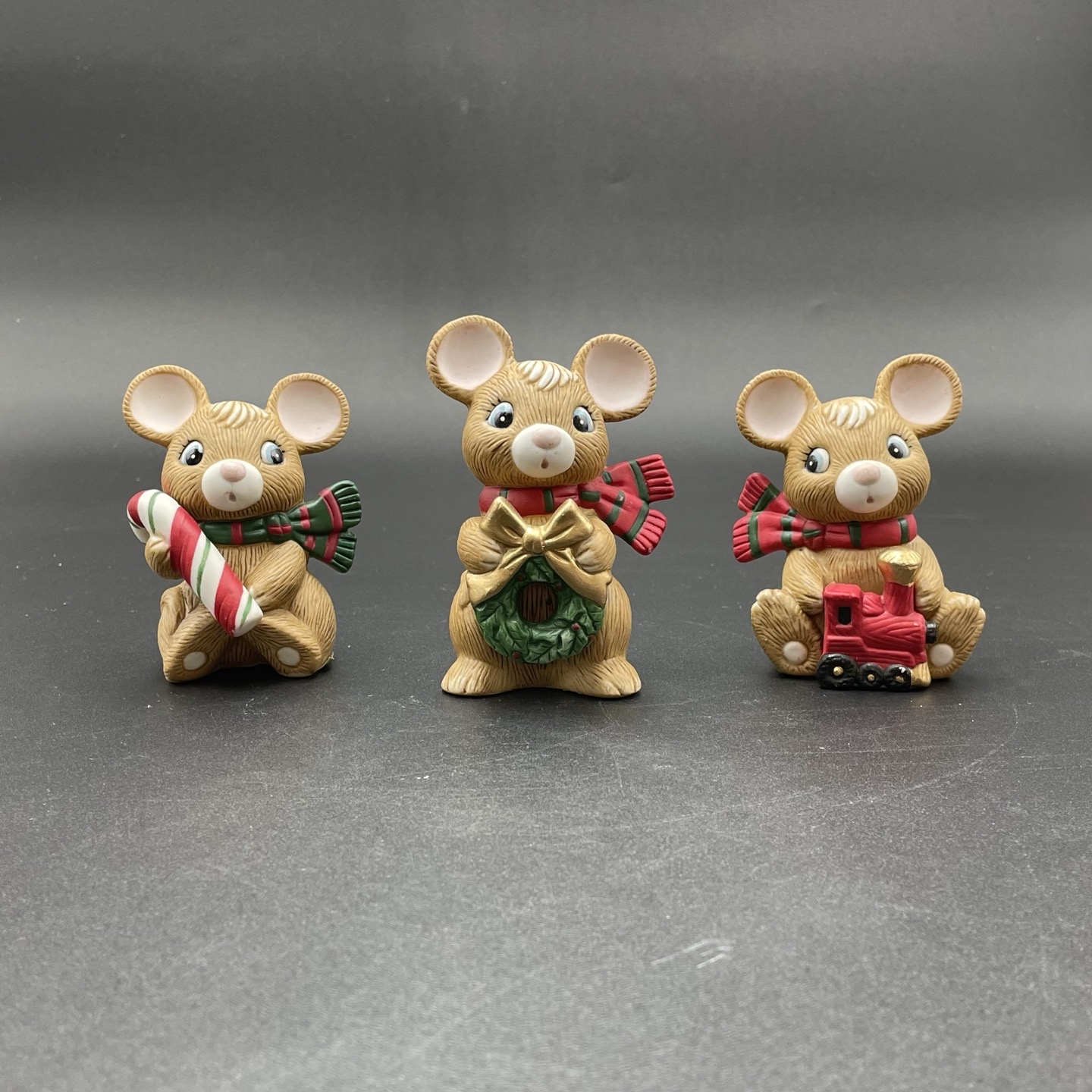 Set of 3 Homco #5210 Mice Mouse Christmas Figurines Train Wreath Candy Cane