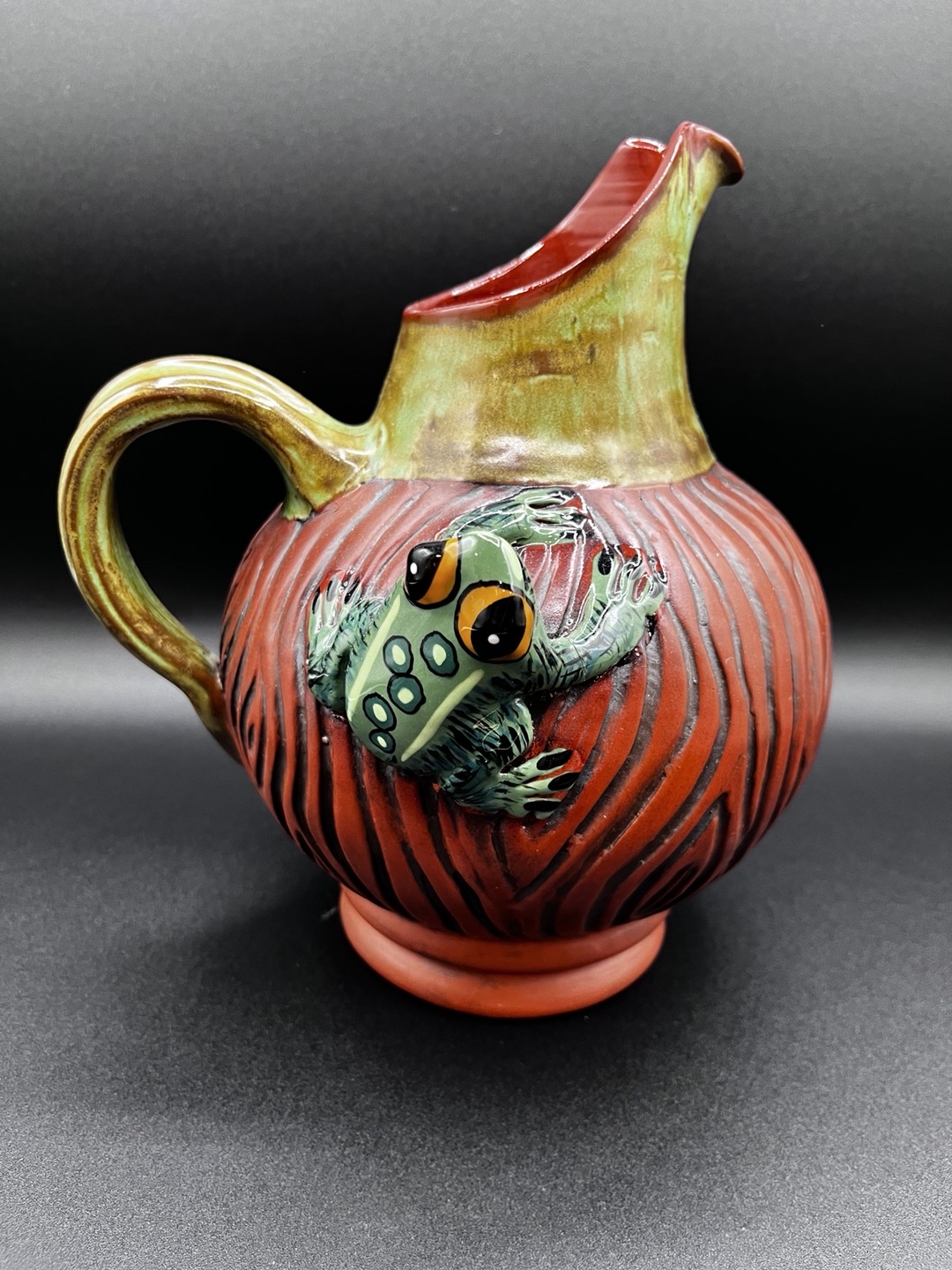 Signed Burnt Red And Green Art Pottery Frog Pitcher 🐸