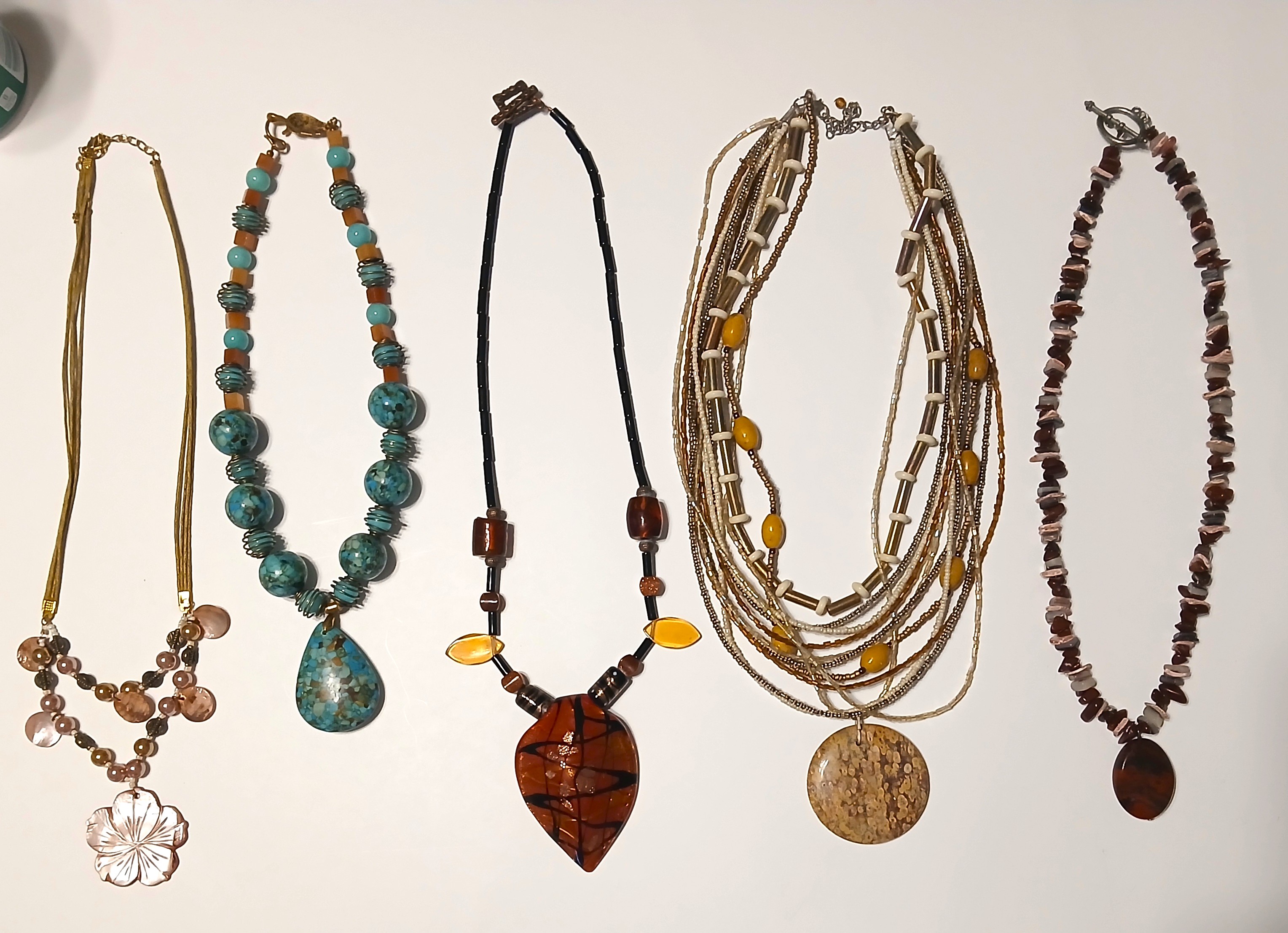 Handmade Semi Precious Stone/Glass/Brass Lot of 5 Necklaces