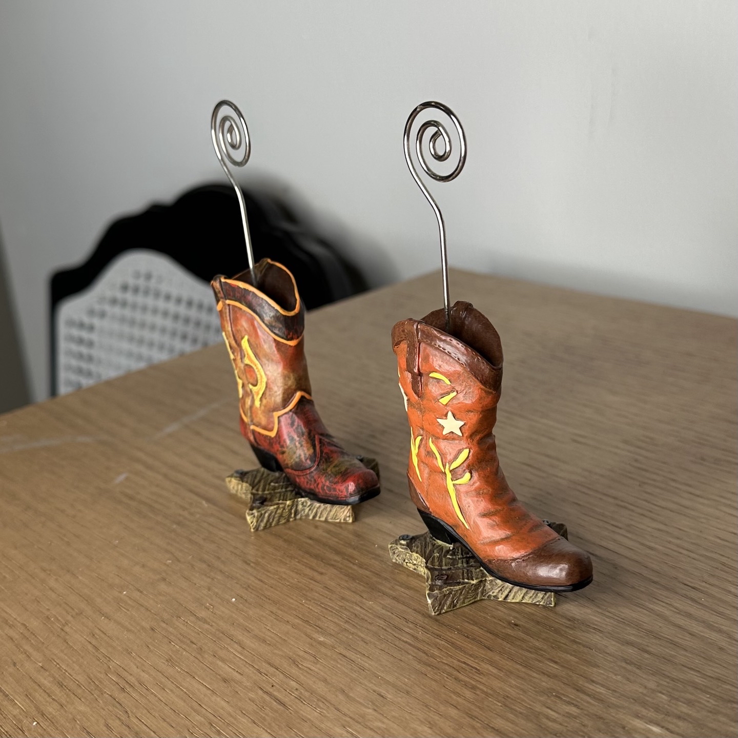 Pair Western Resin Cowboy Boots Picture/Note Holder Stands