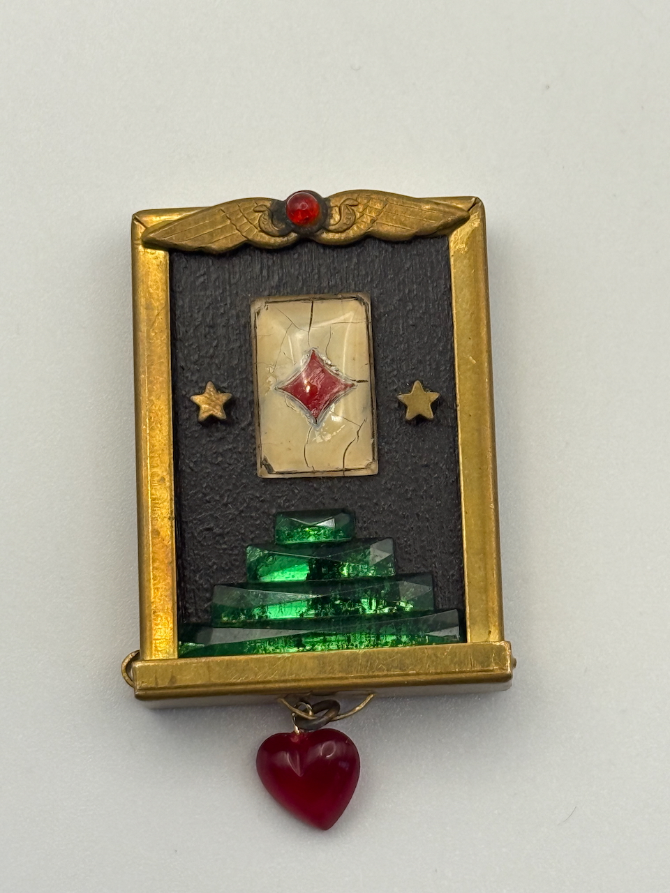 Susan Gould Shadow Box Green Bars n Red Stars Brooch 2"