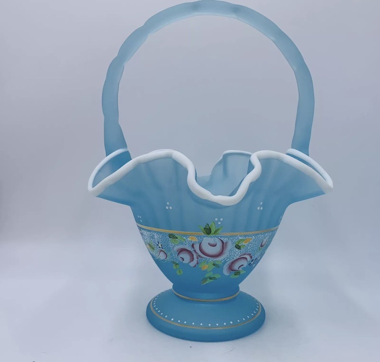 Bill Fenton Charleton Collection 2002 Satin Blue Art Glass Basket White ...