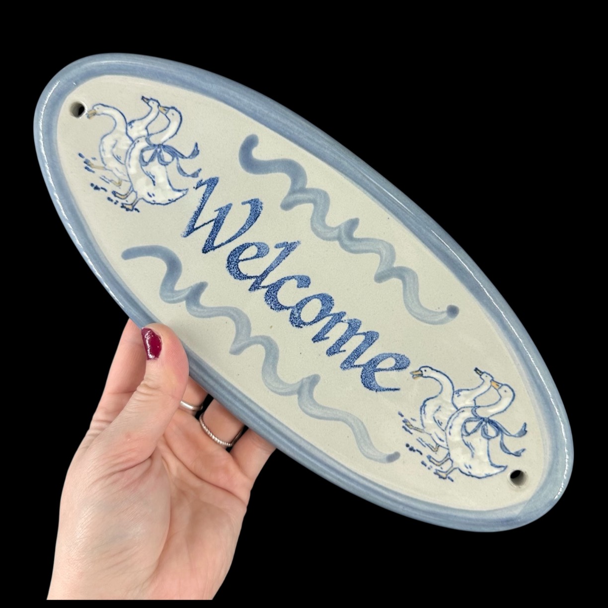 Louisville Blue Bow Geese Pottery Goose Welcome Sign
