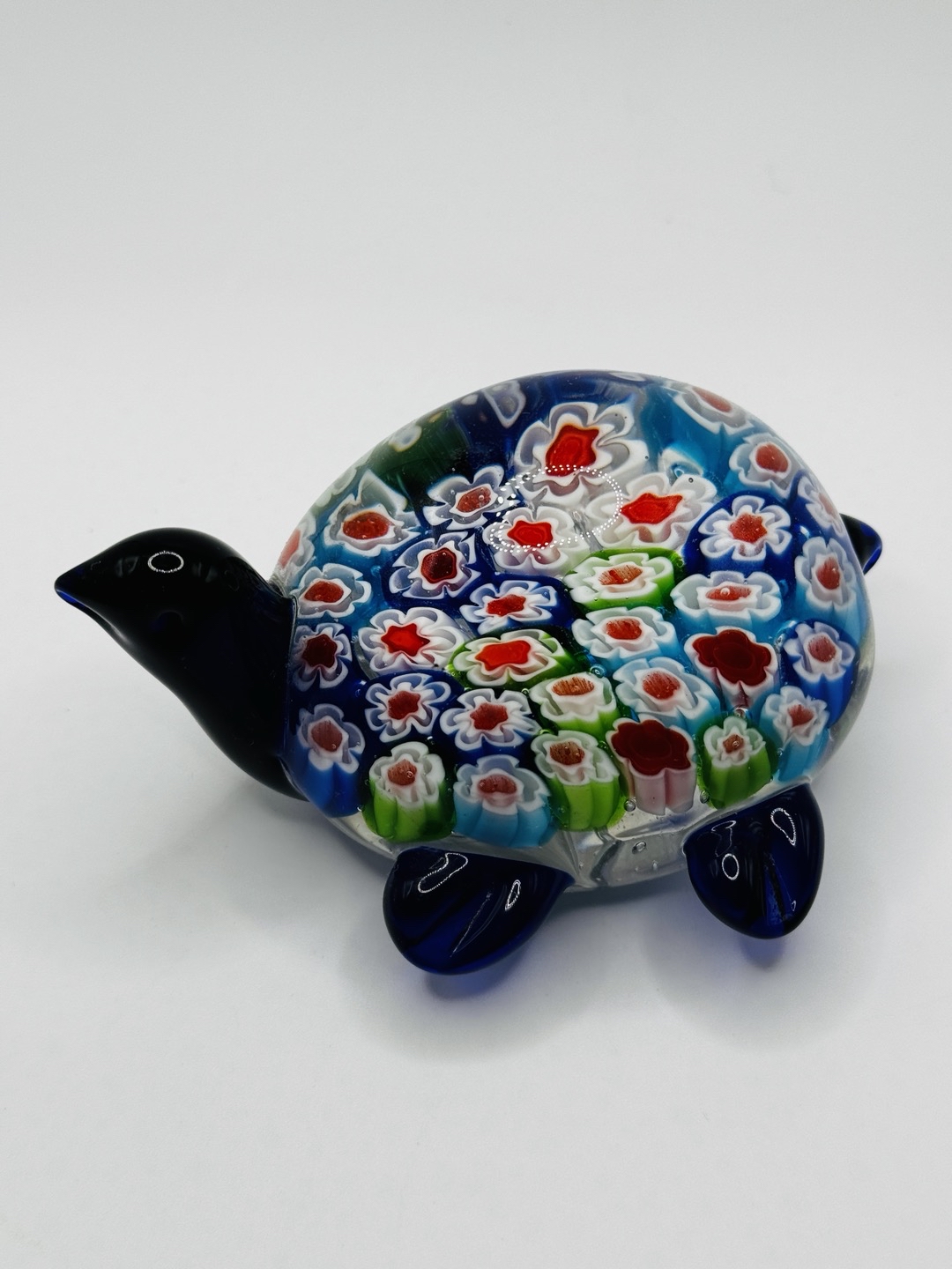 028 Multi Color Cane Sea Turtle Paperweight Cobalt Blue Head 4 1/2 X 2 1/4"