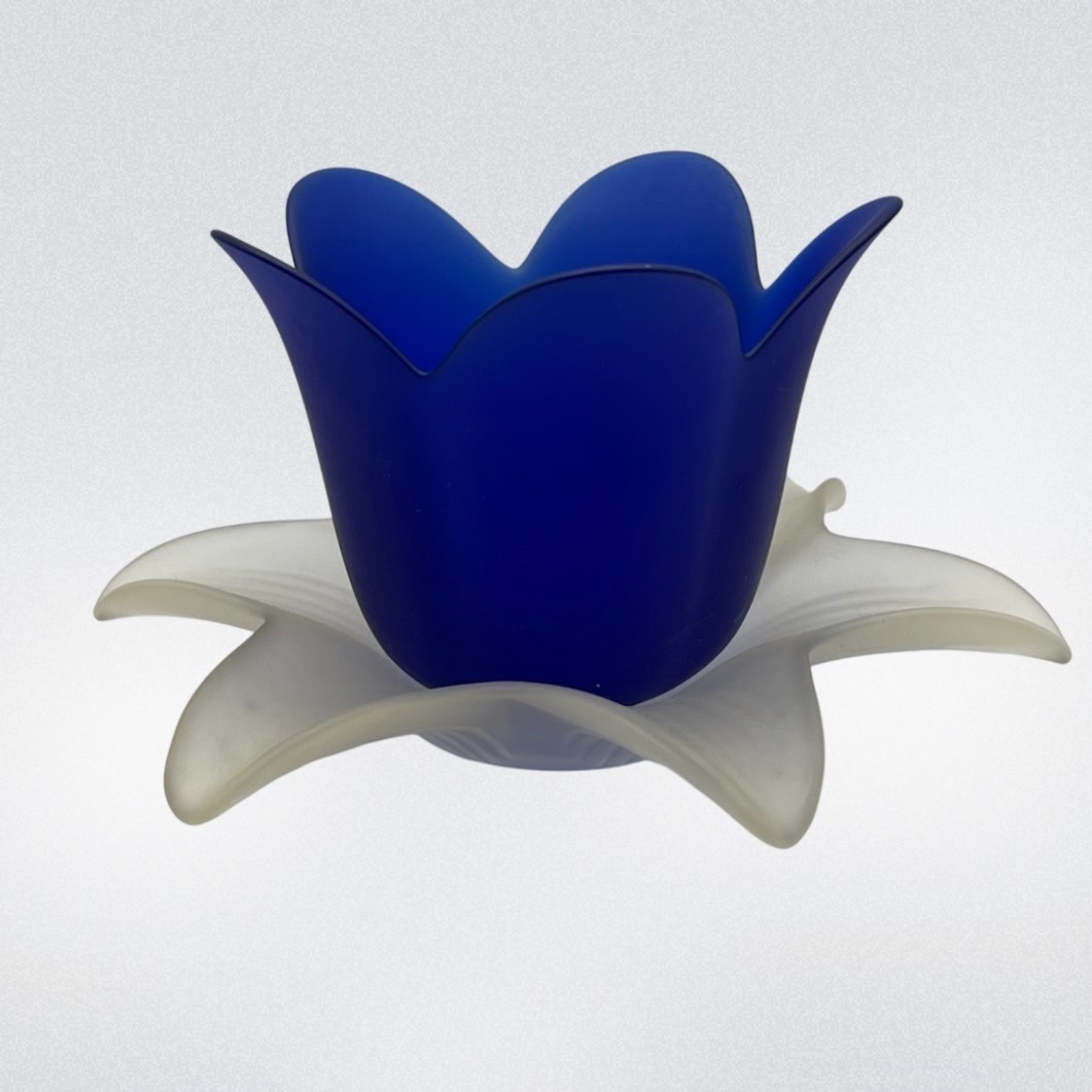 Frosted Glass And Cobalt Glass Flower Candle Holder Studio Nova 7.5” x 4”