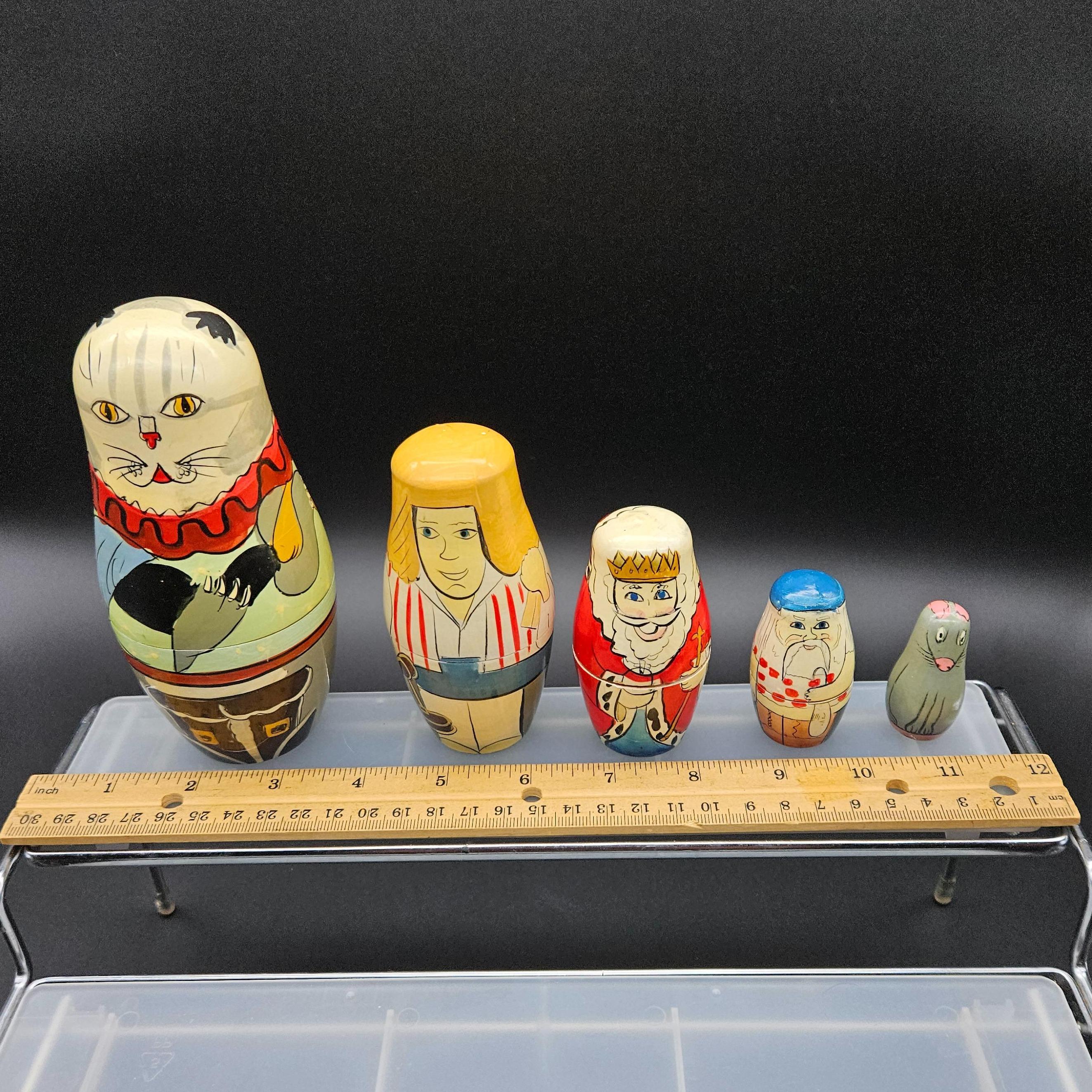 Vtg Wooden Nesting Doll Playset Puss In Boots Puss Marquis King Ogre ...