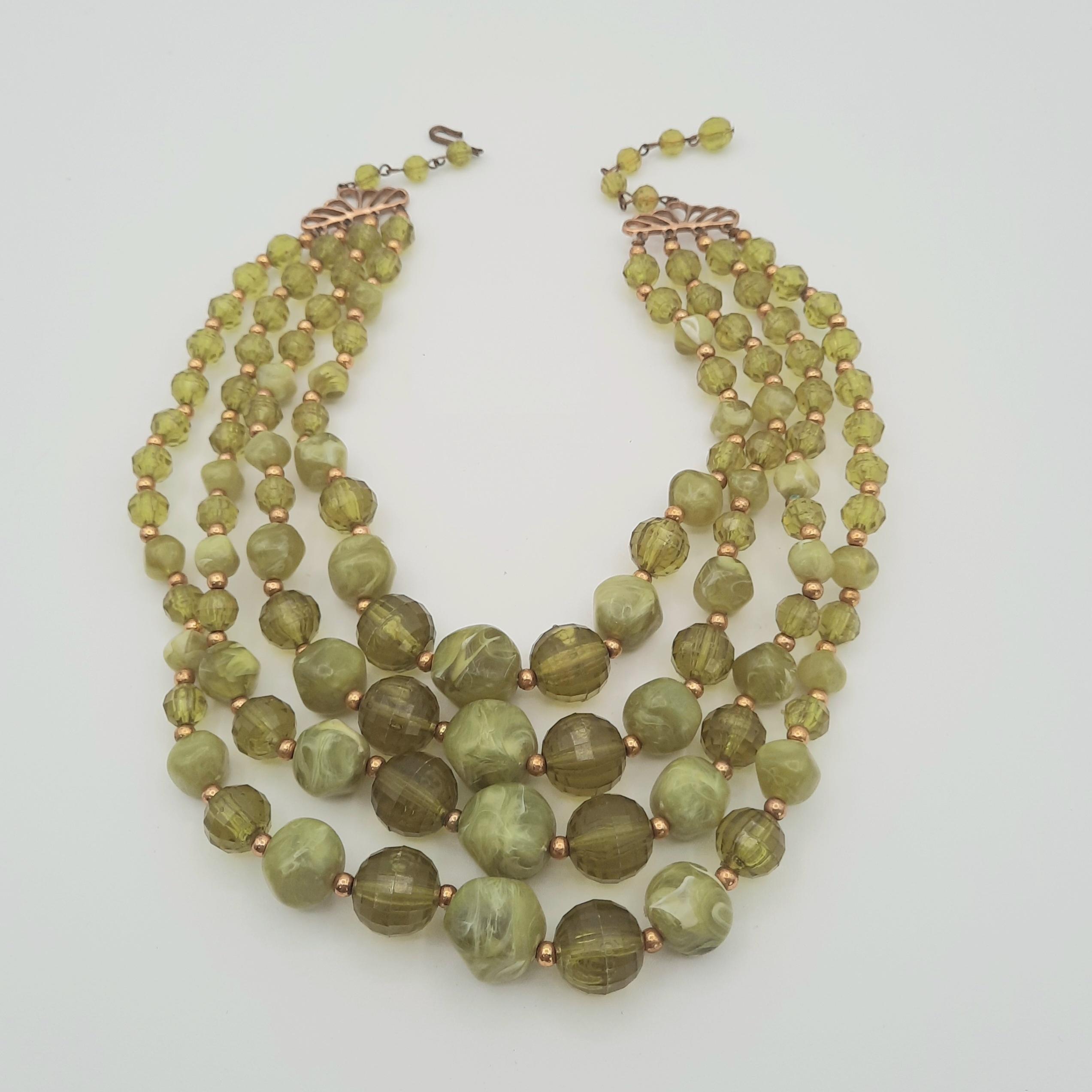 4 Strand Olive Marbled Green Beaded Necklace