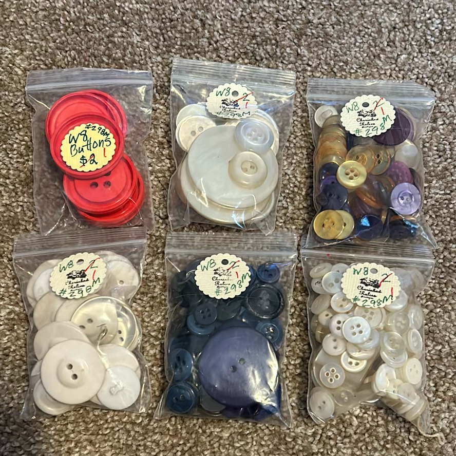6 Bags Of Vintage Buttons - white, red, blue, purple, gold