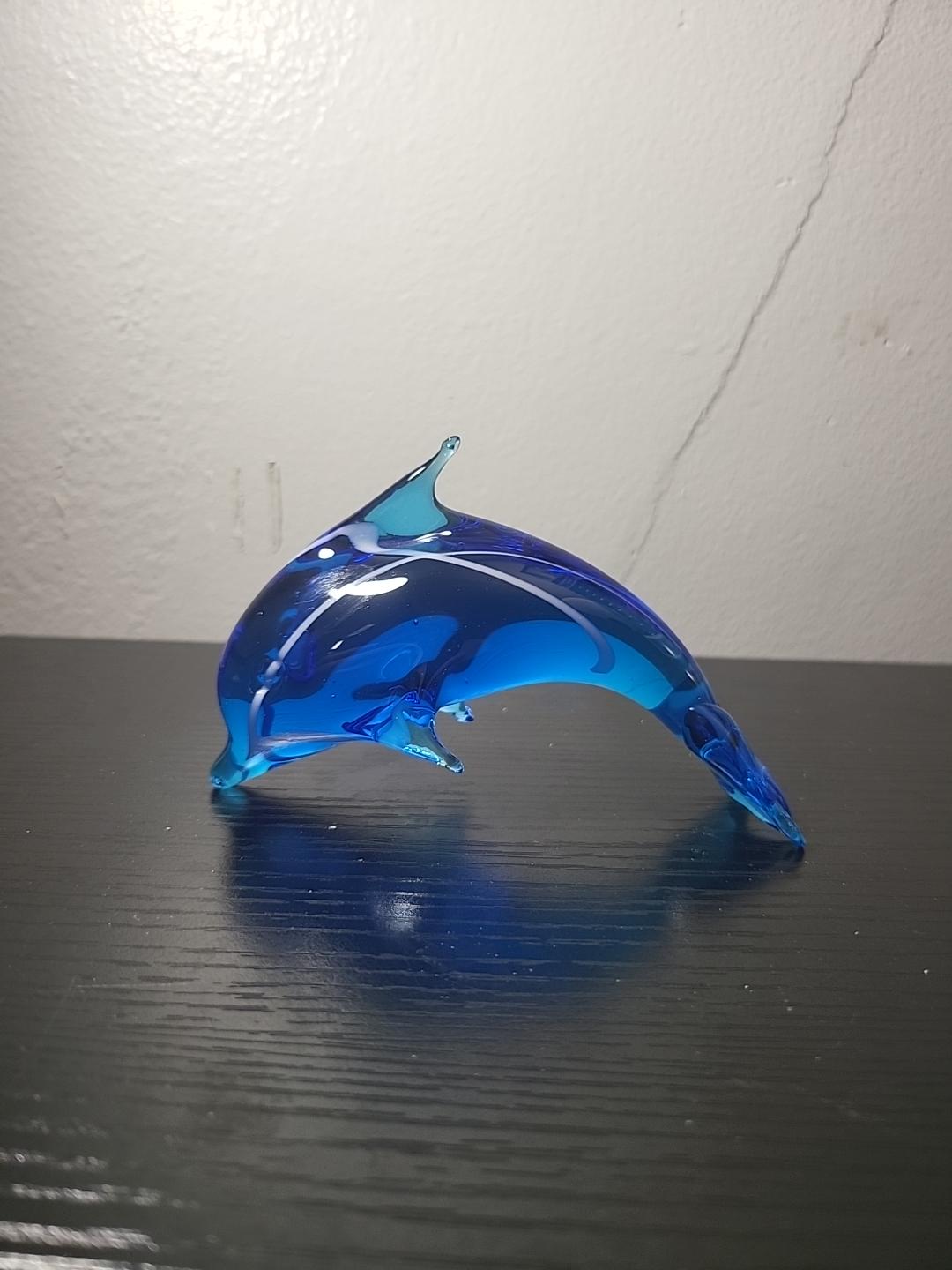 Pre Owned Art Glass Dolphin Paperweight Blue White Hand Made 5"