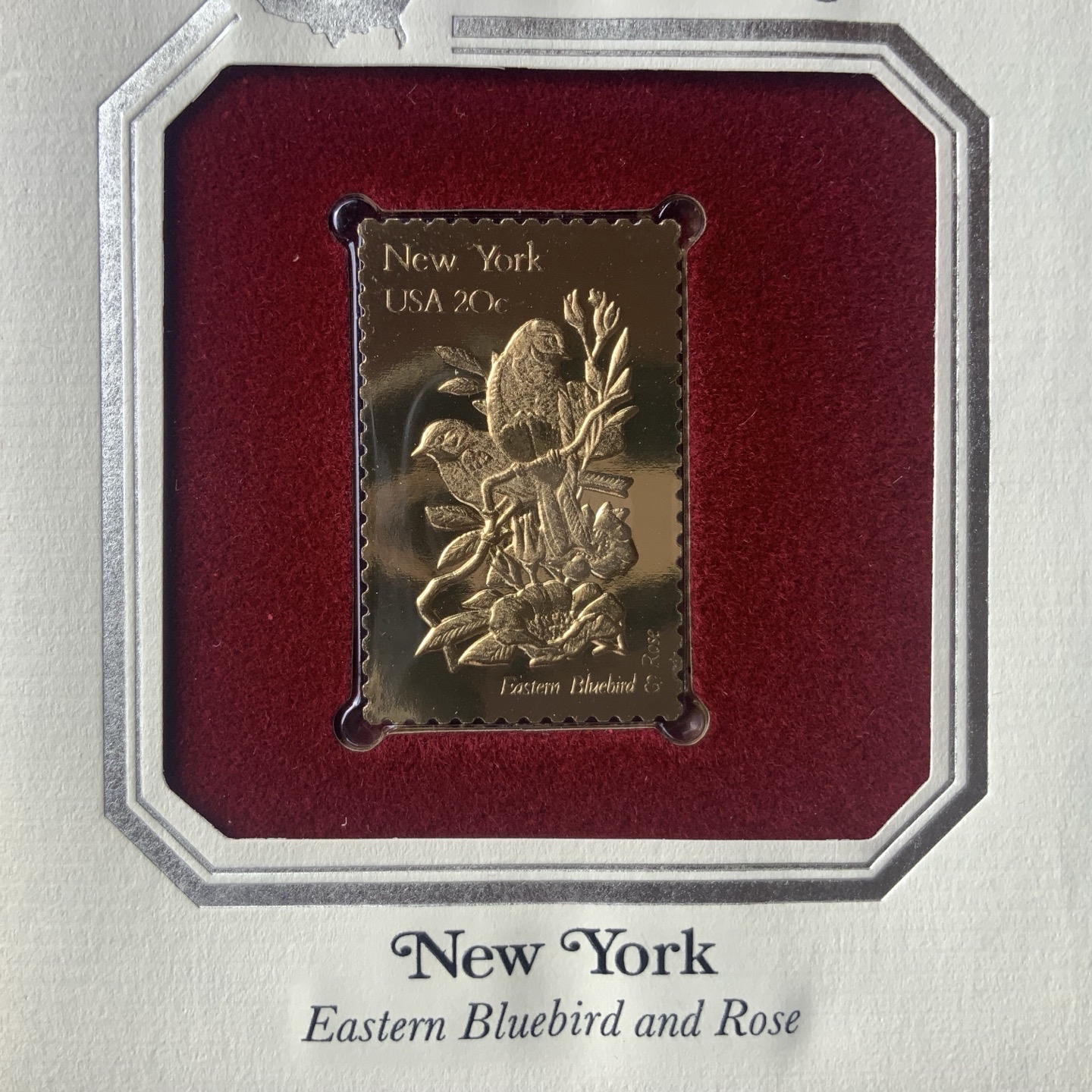 NEW YORK Eastern Bluebird & Rose 22kt Gold Leaf Stamp Replica w FDI ...
