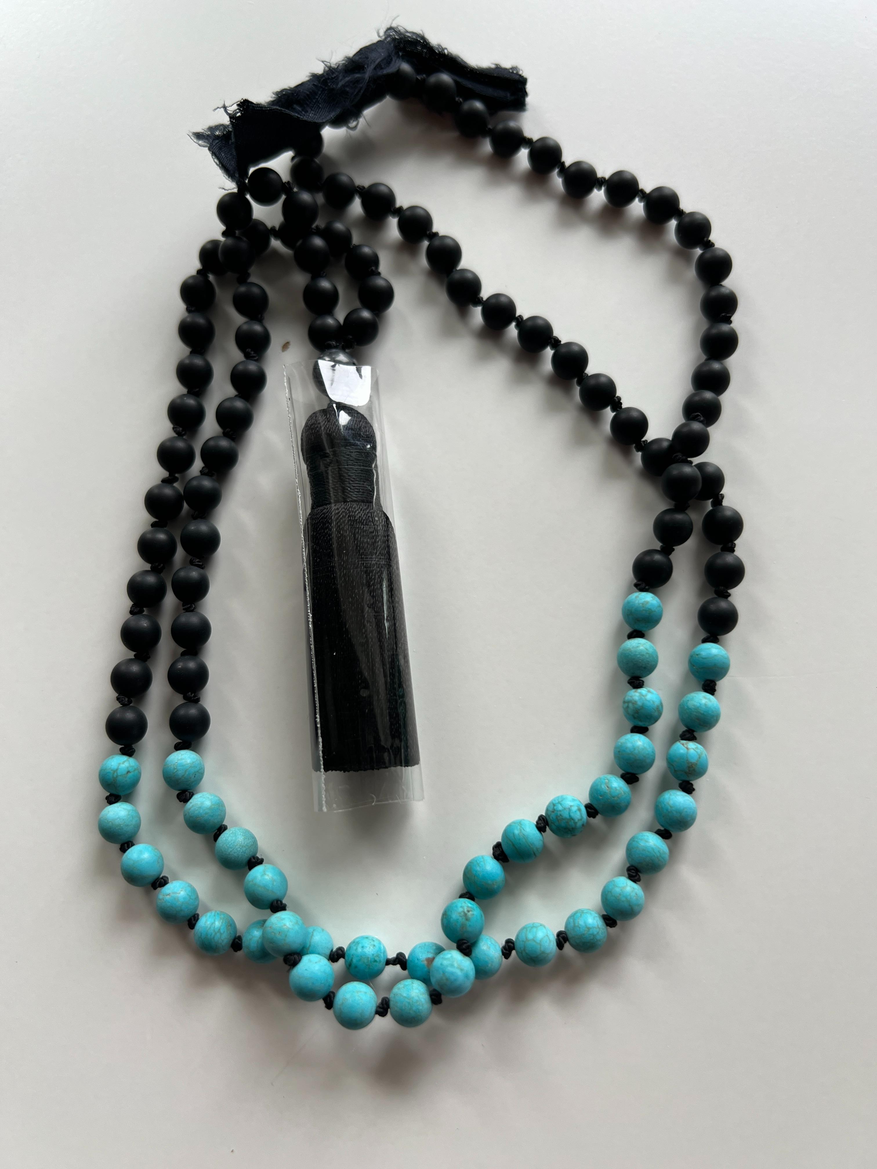 Mala Necklace 108 knot prayer bead necklace Blue Black Agate Turquoise ...