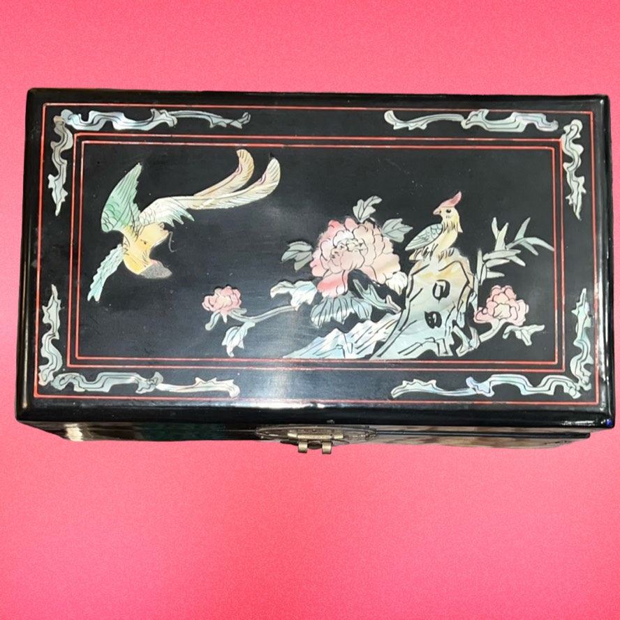 Chinese Wood Black Lacquer Jewelry Box With Inlaid Mother Of Pearl And ...