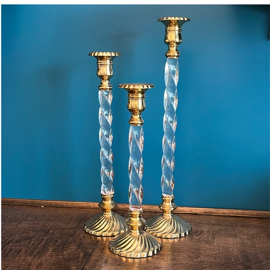 Vtg Trio Of Gorgeous Brass & Twisted Lucite Candlesticks ~ Hollywood ...