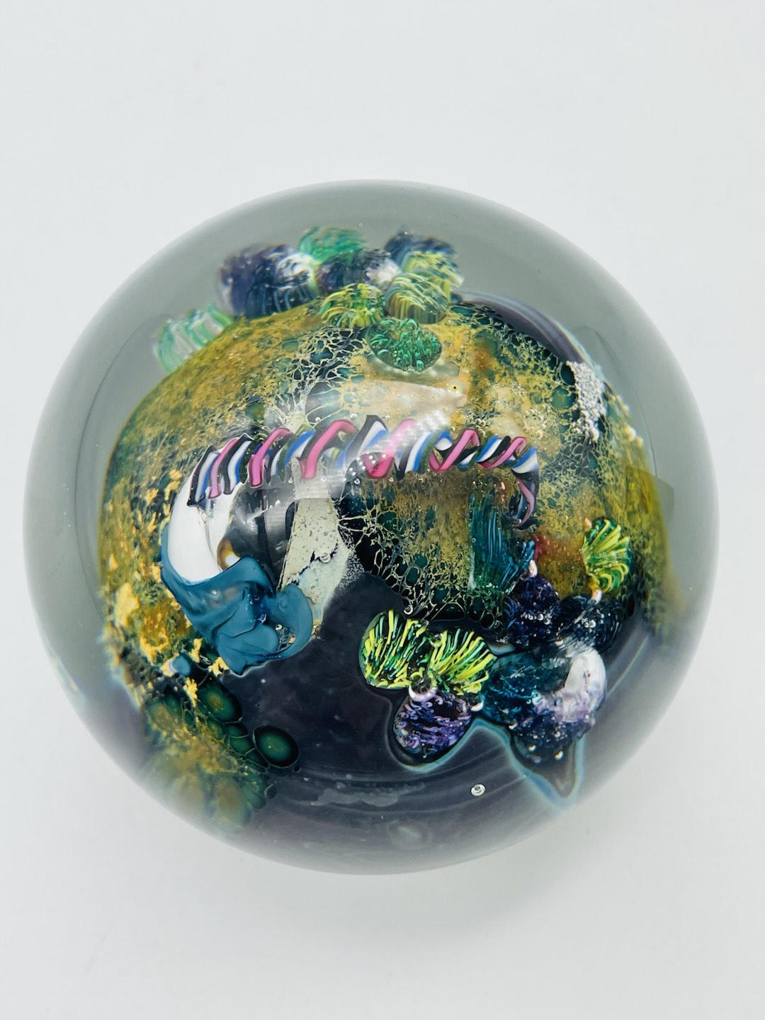 Josh Simpson Inhabited Planet Art Glass Paperweight Signed 1991
