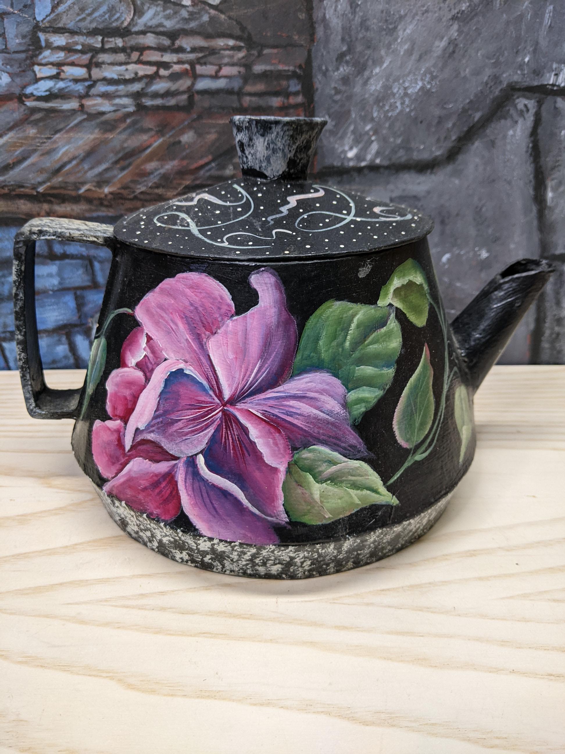 Paper Mache Faux Art Teapot Cardboard Storage container Hand Painted ...