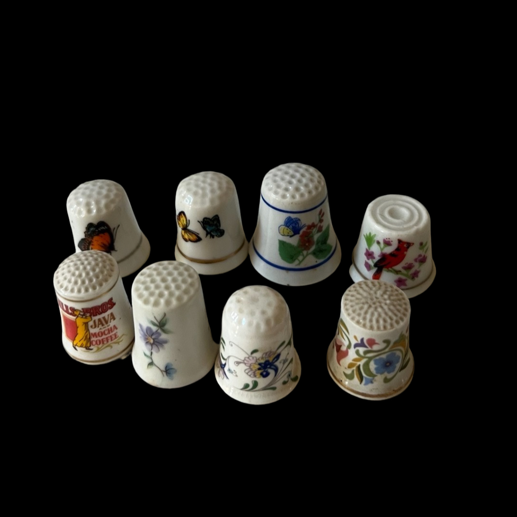 Eight Porcelain Thimbles Sizes And Pictures Vary Butterflies, Birds