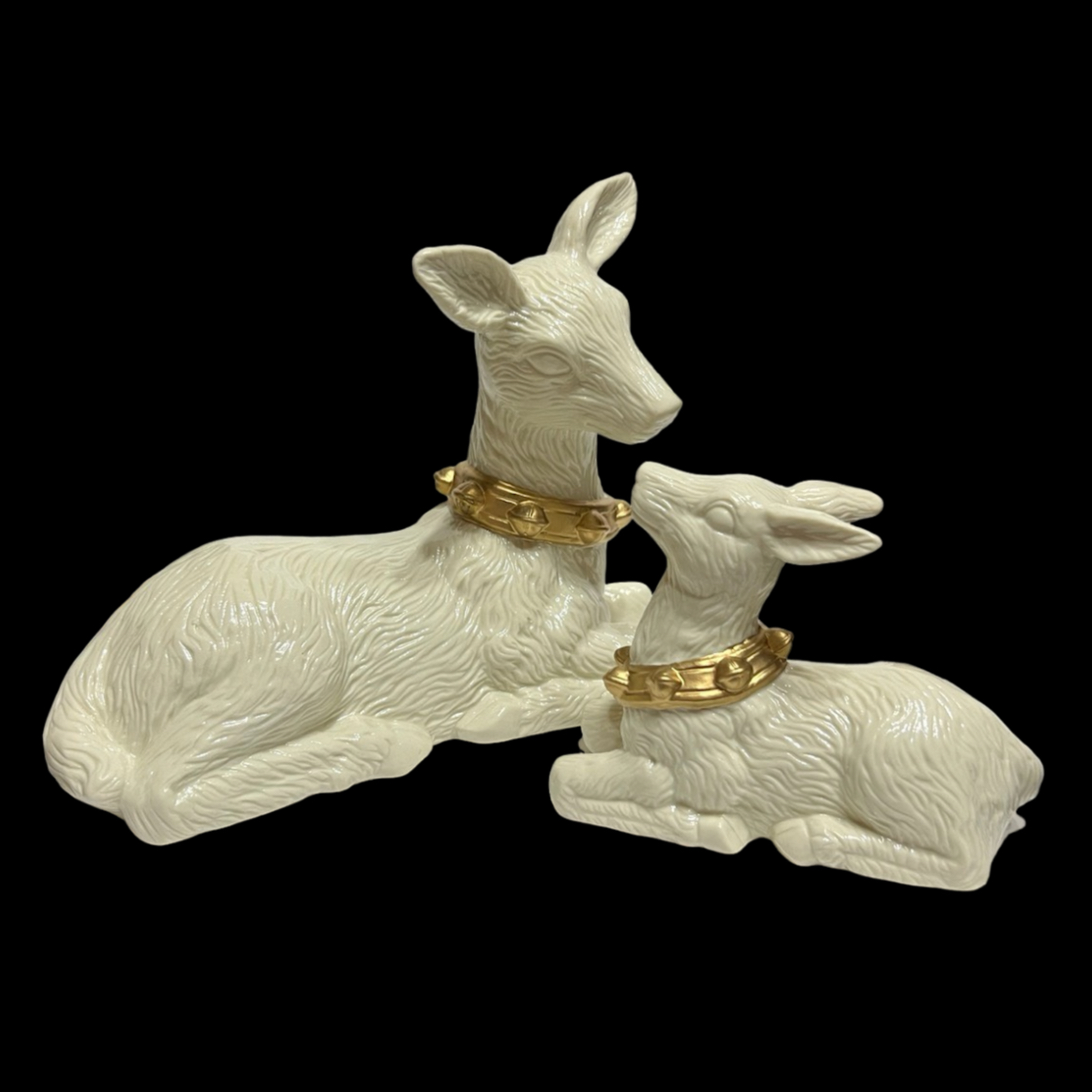 Pair Of Cream Deer Porcelain Figurines With Gold Collars, Large ~6.5” x 8.5” x 4”, Small ~4” x 5 ...