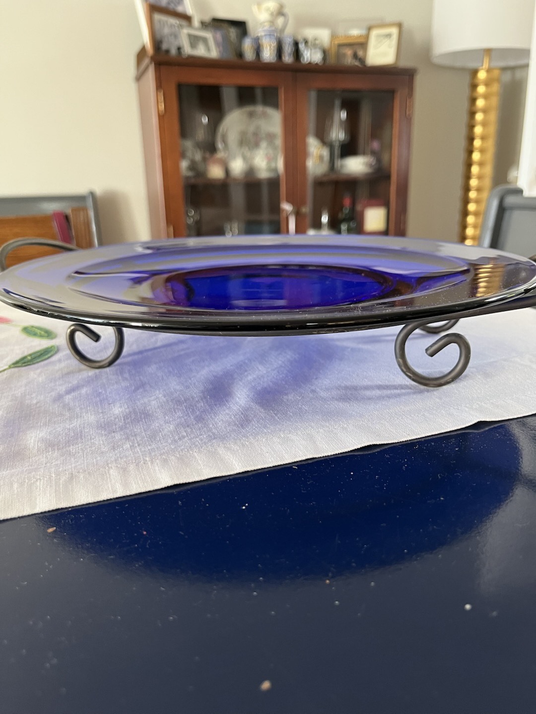 Rare Vintage Cobalt Blue Glass Centerpiece With Metal Stand With Spiral ...