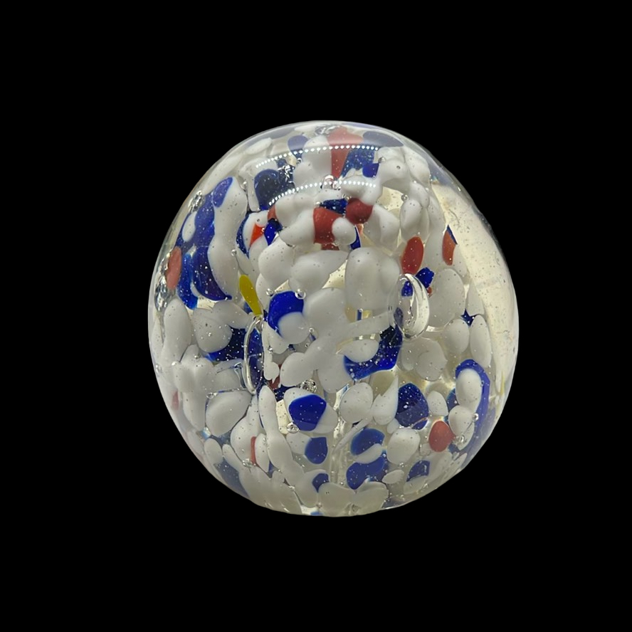 11. Art Glass Paperweight Clear with Blue And White Splatters with Bubbles
