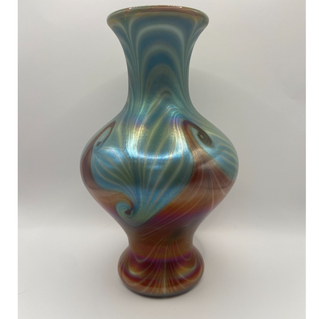 Vandermark Iridescent Pulled Feather Glass Vase, 8 1/2” Tall