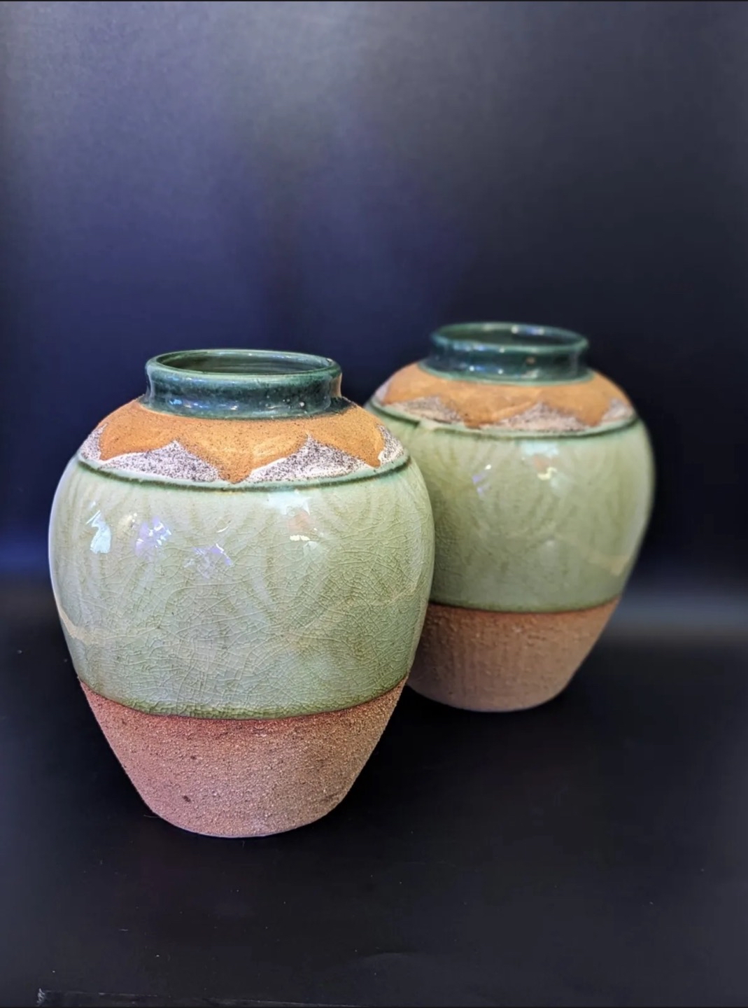Hand Crafted Ceramics Vietnamese Green/Peach Textured Vases Set Of 2