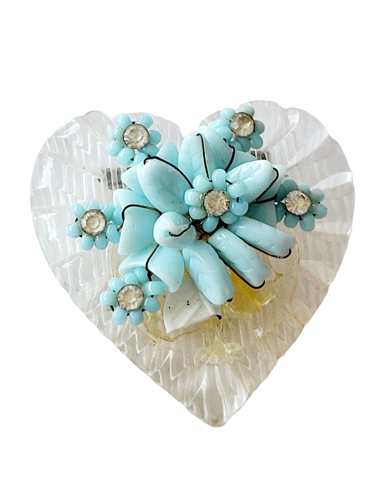 VTG Lucite Heart Brooch With Wired Glass Flower (A46)